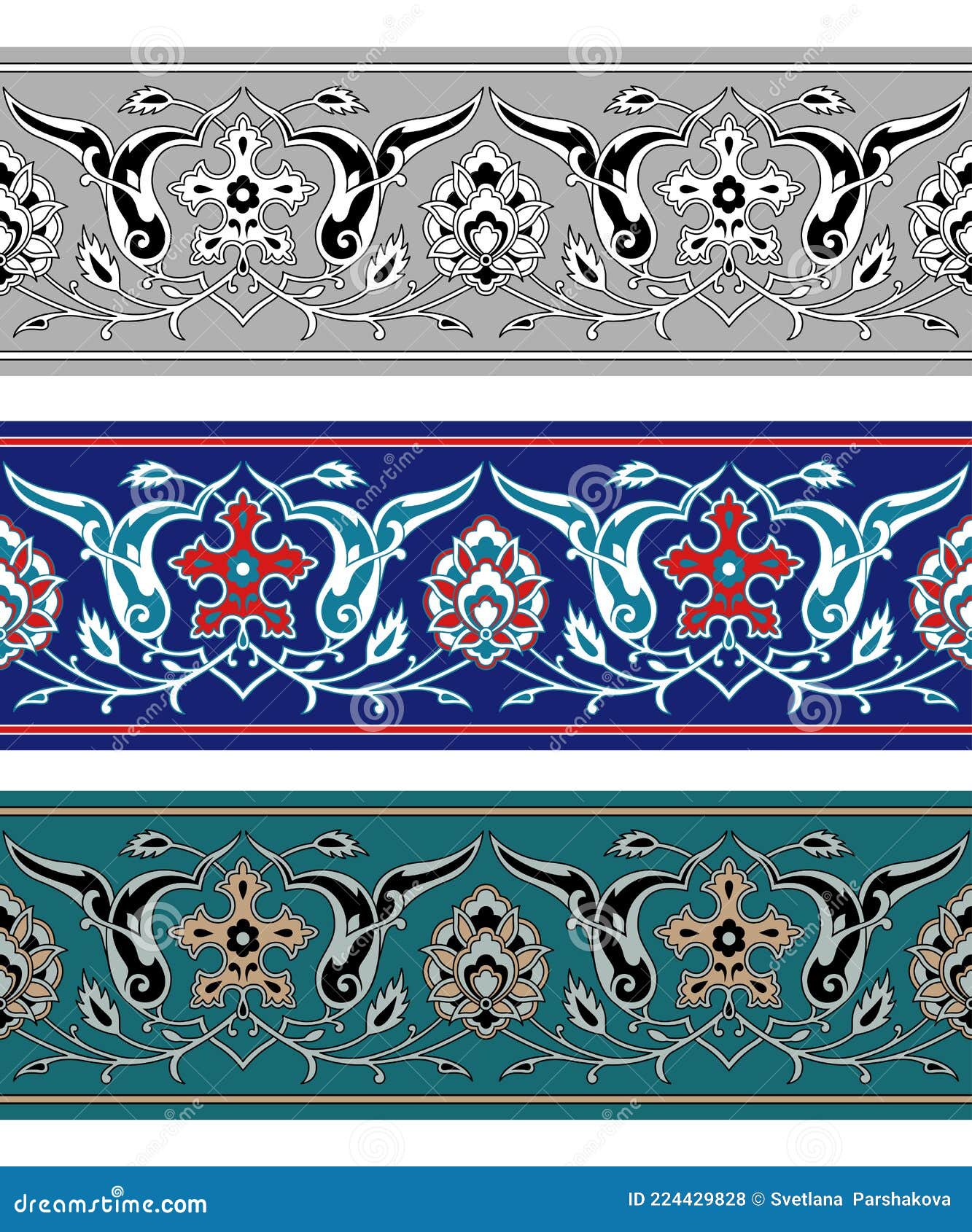 Seamless Persian Floral Borders, Various Color Sets. Stock Vector ...