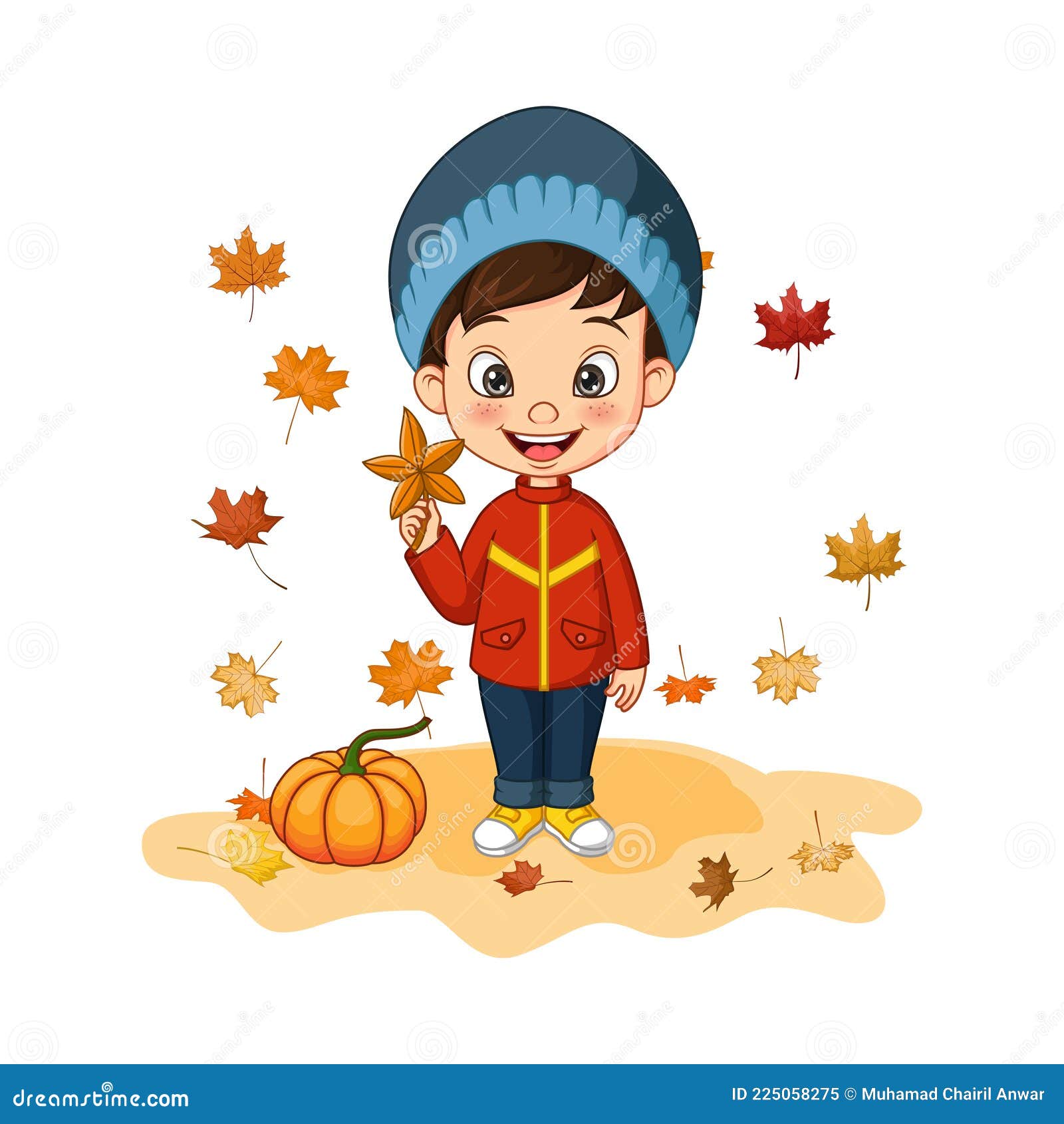 Cartoon Little Boy in Autumn Clothes and Falling Leaves Stock Vector ...