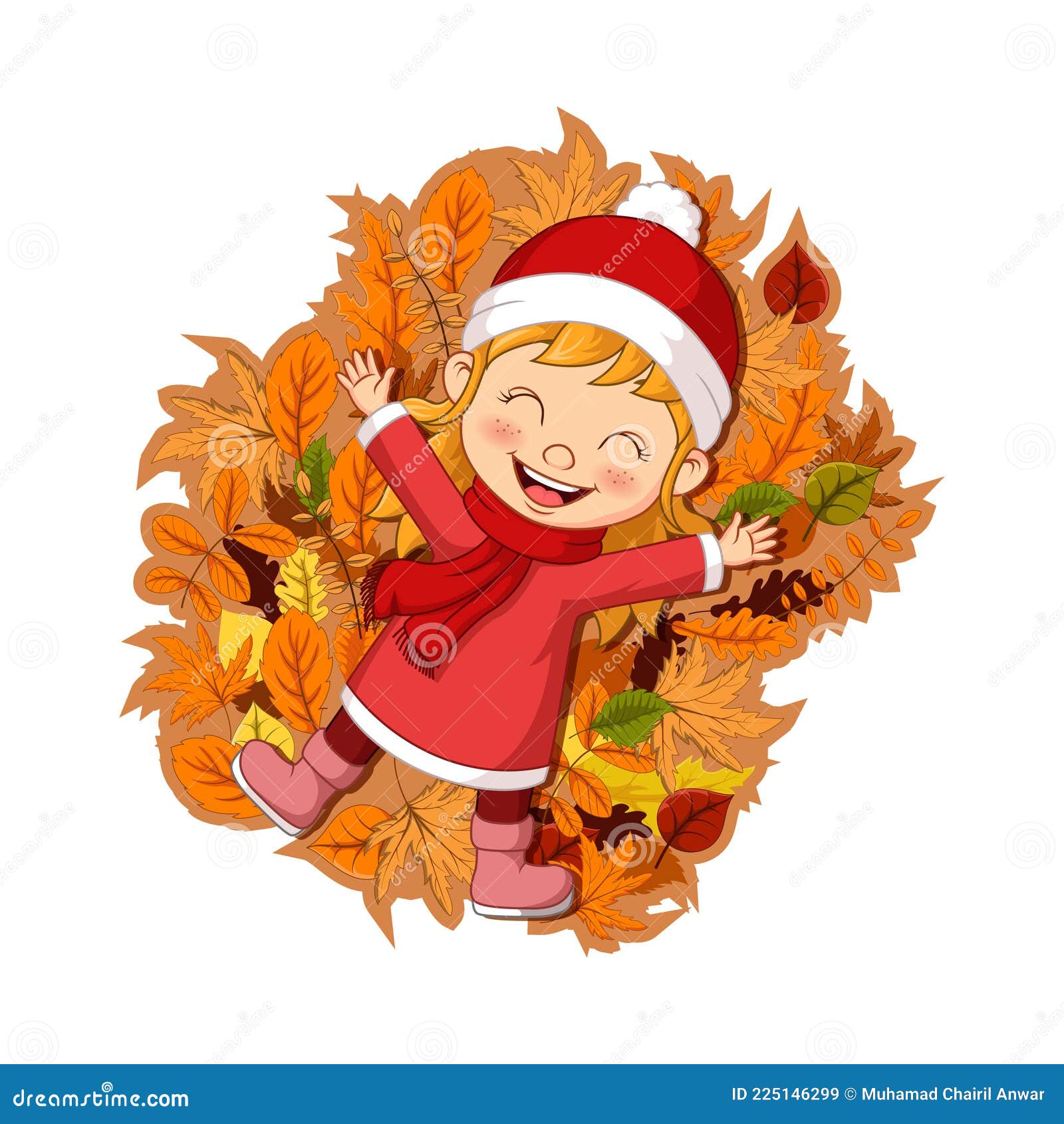 Cartoon Happy Little Girl Lying on Autumn Leaves Stock Vector ...