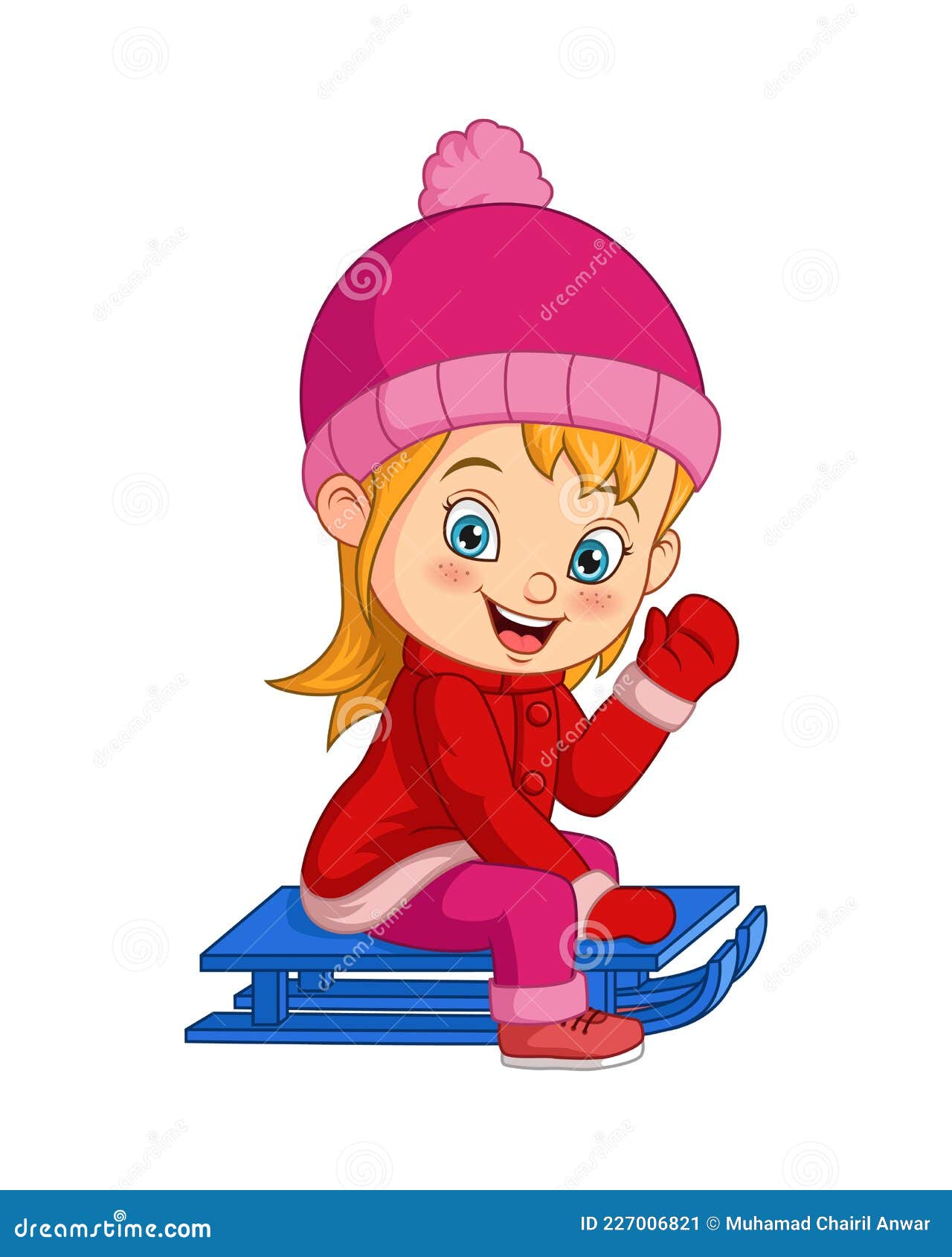 Girl Sledding, Cartoon Character, Black And White Outline Hand Drawing ...
