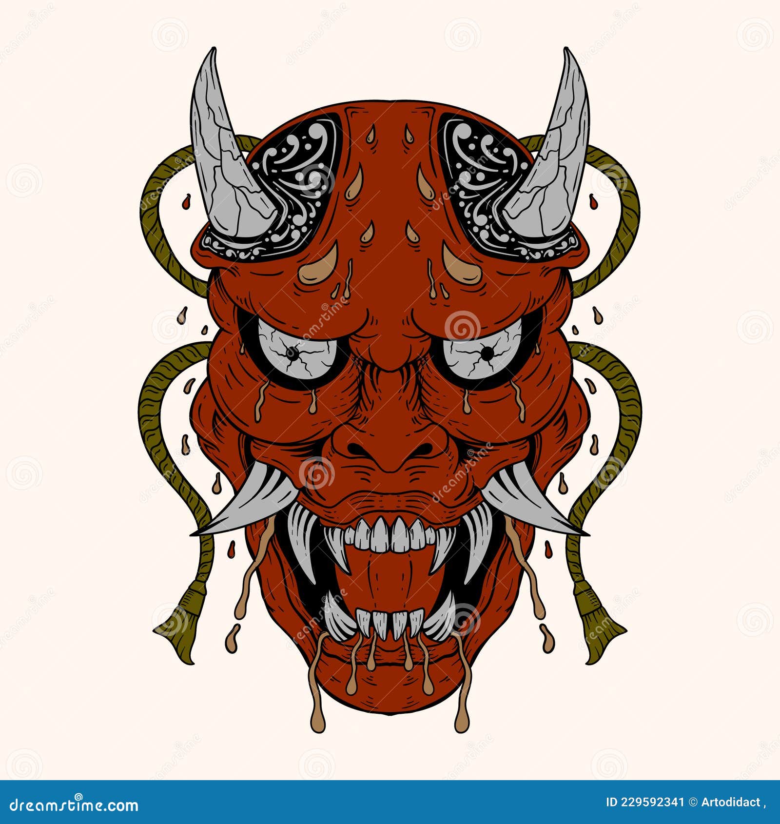 Tattoo Japanese Oni Mask Line Art Red Black and White Stock Vector ...