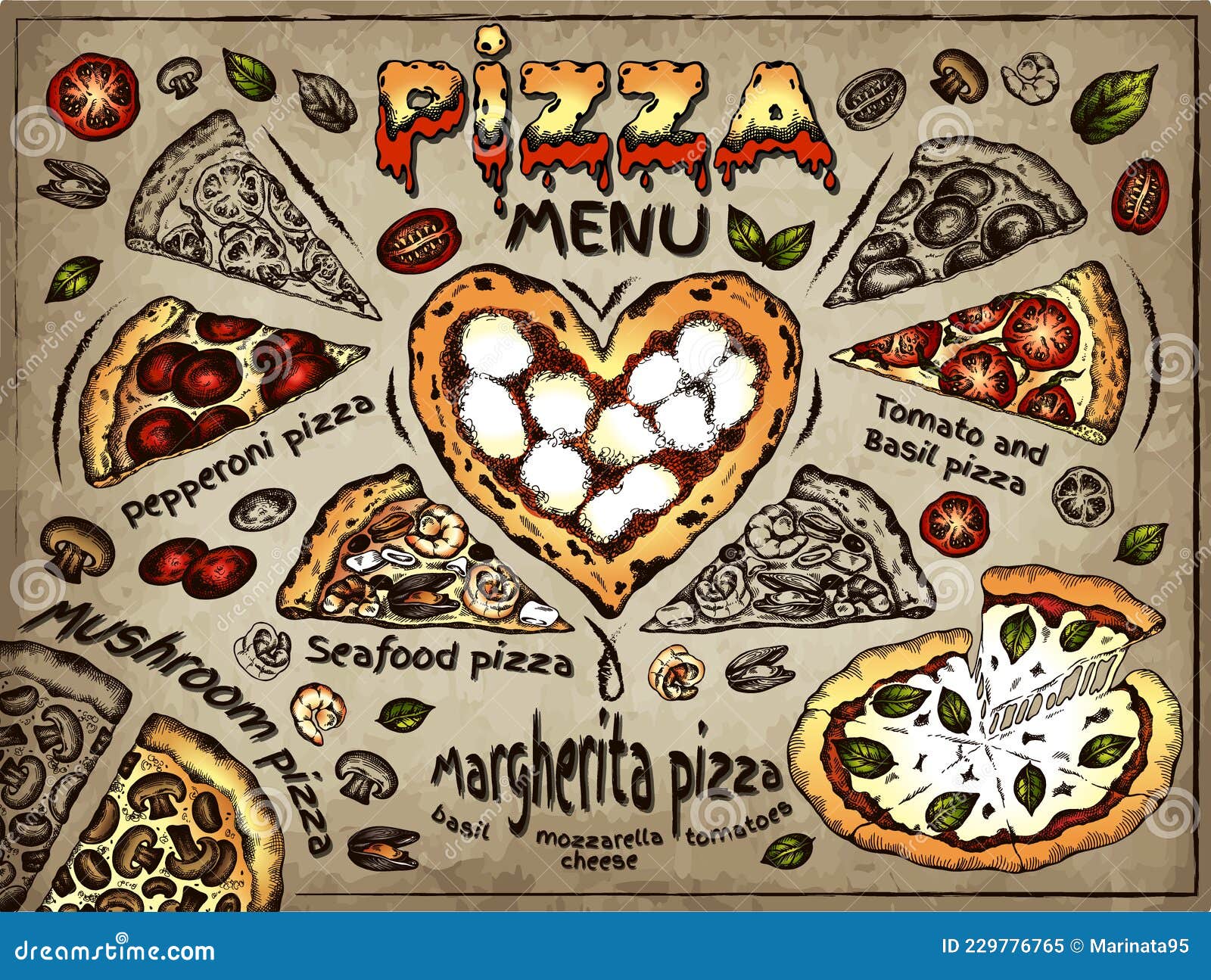 Sketch Drawing Poster of Pizzeria Menu. Outline Painting Piece of ...