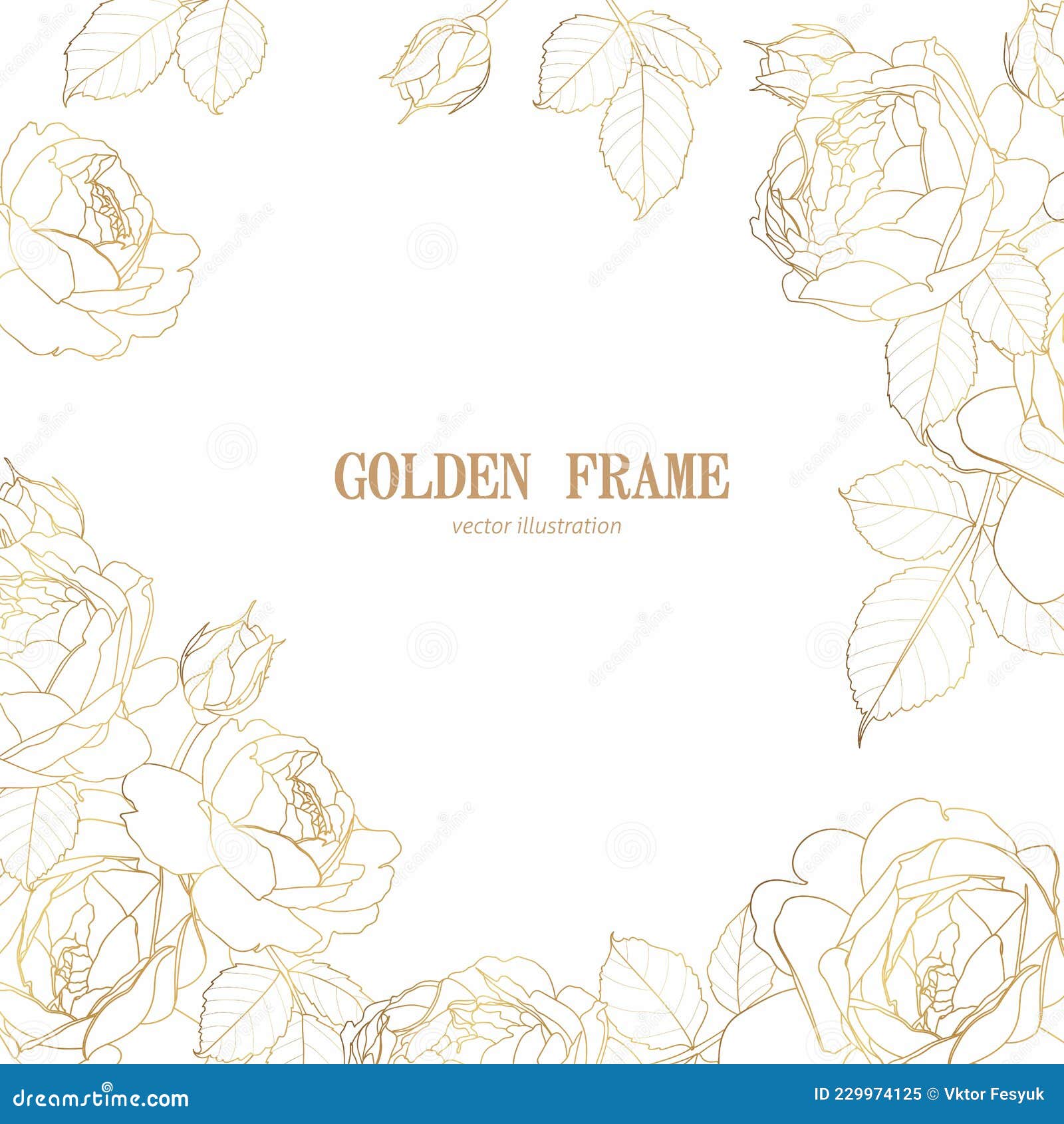 Golden Roses Flowers Background Illustration. Garden Line Flowers Frame ...