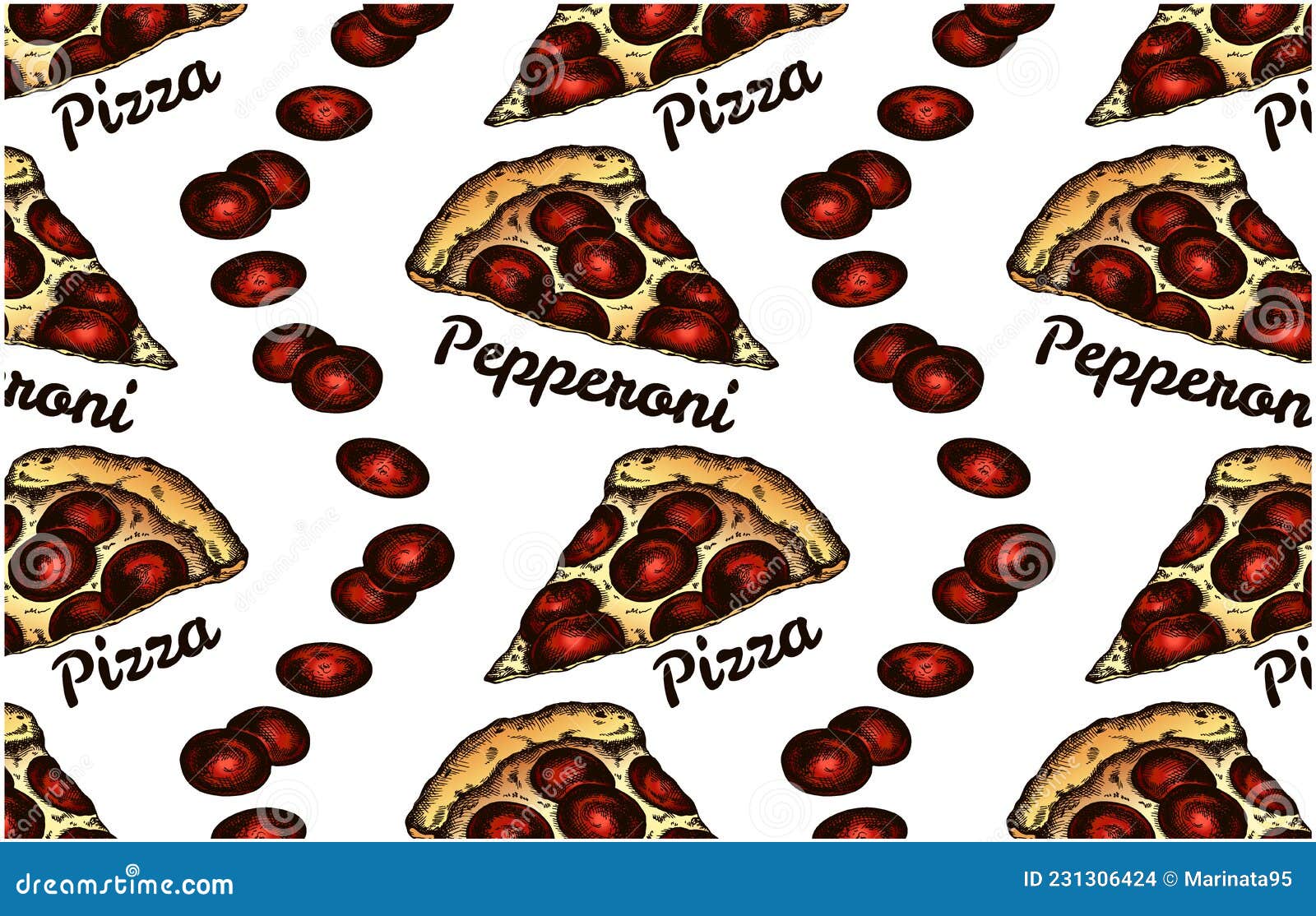 Sketch Hand Drawn Pattern with Colorful Pepperoni Pizza Isolated on ...
