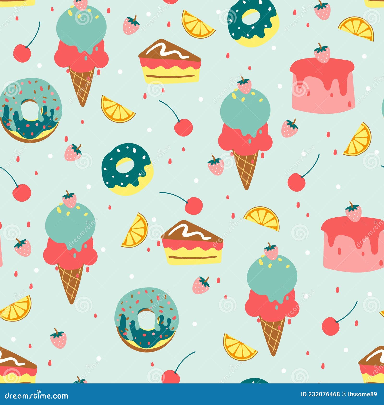 Seamless Pattern with Cute Cartoon Ice Cream and Dessert for Fabric ...