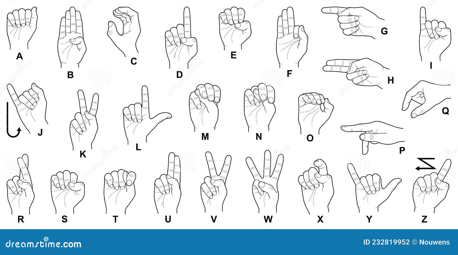 Hand Sign Language Alphabet Collection - Vector Line Illustration Stock ...