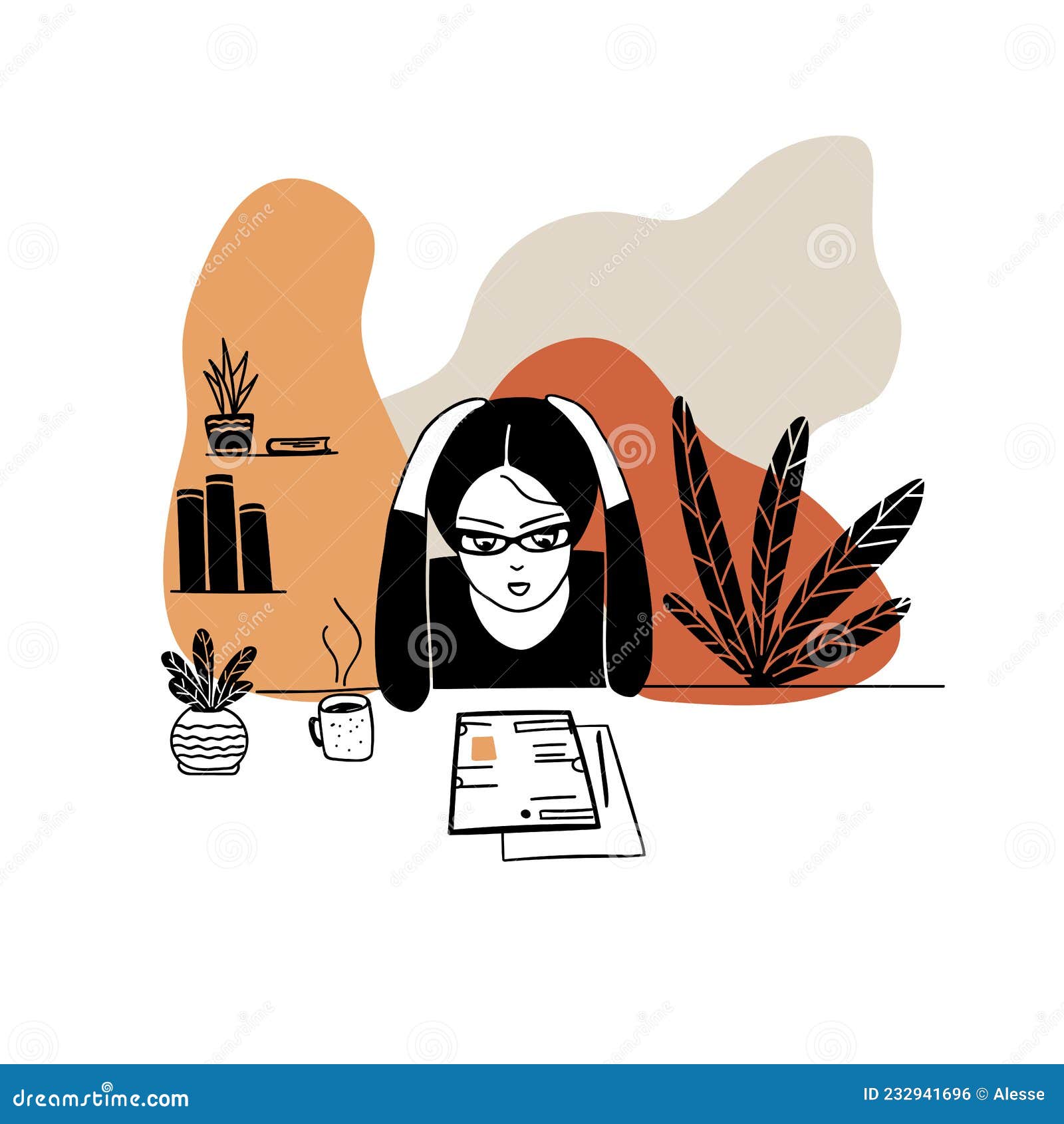 Cartoon Young Woman Sitting at the Table with Tablet. Online Education ...