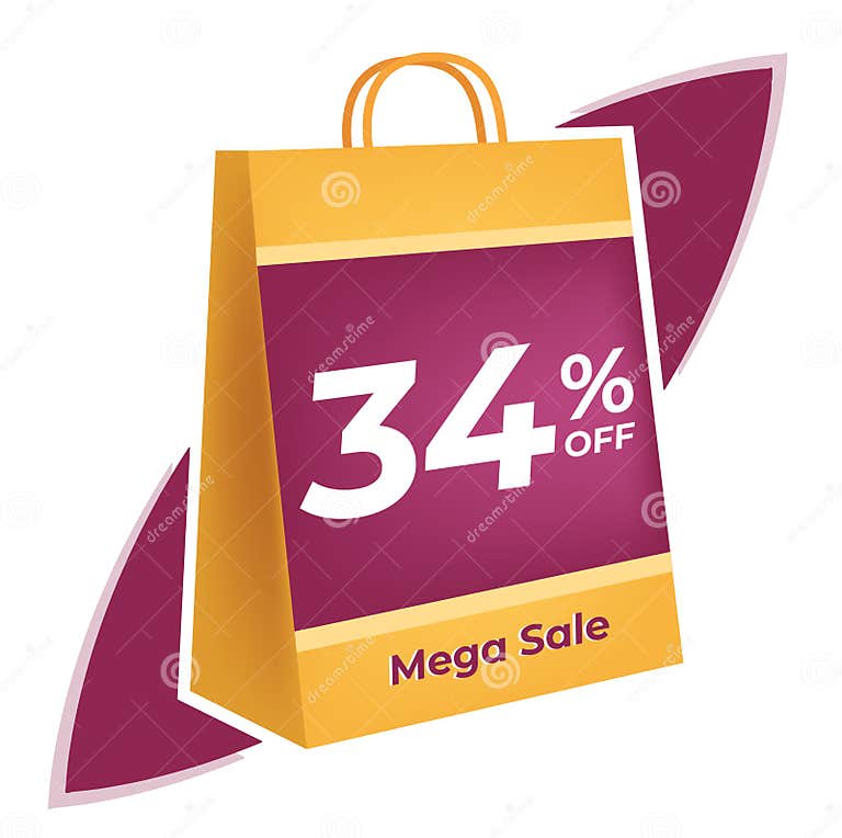 34 Percent Off. 3D Yellow Shopping Bag Concept in White Background ...