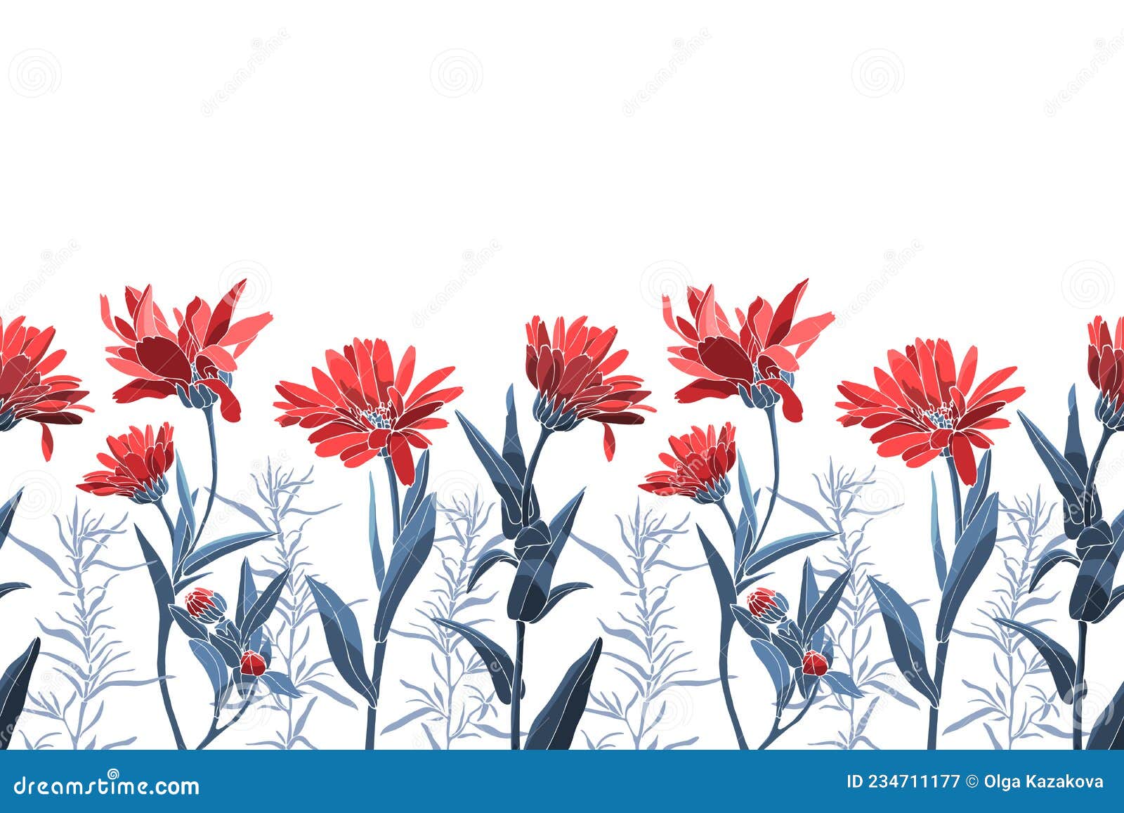 Vector Floral Seamless Pattern, Border. Red Flowers, Buds, Blue Leaves ...