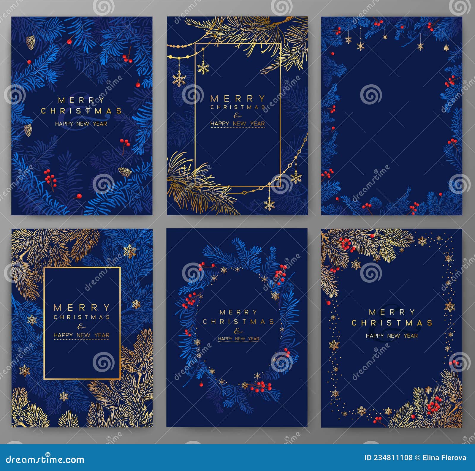 Christmas Deep Blue Poster Set with Golden Branches of Christmas Tree ...