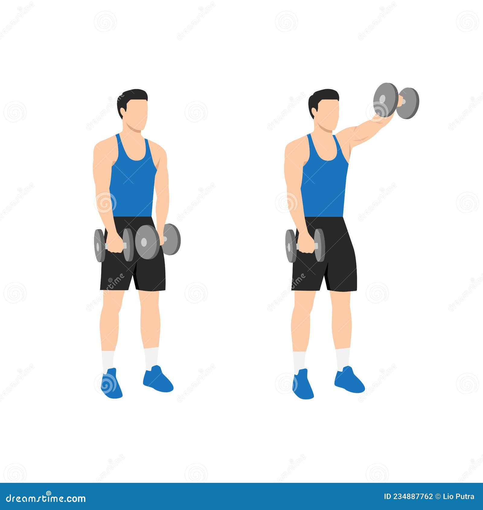 Man Doing Forward. Front Shoulder Single Dumbbell Raises Stock Vector ...