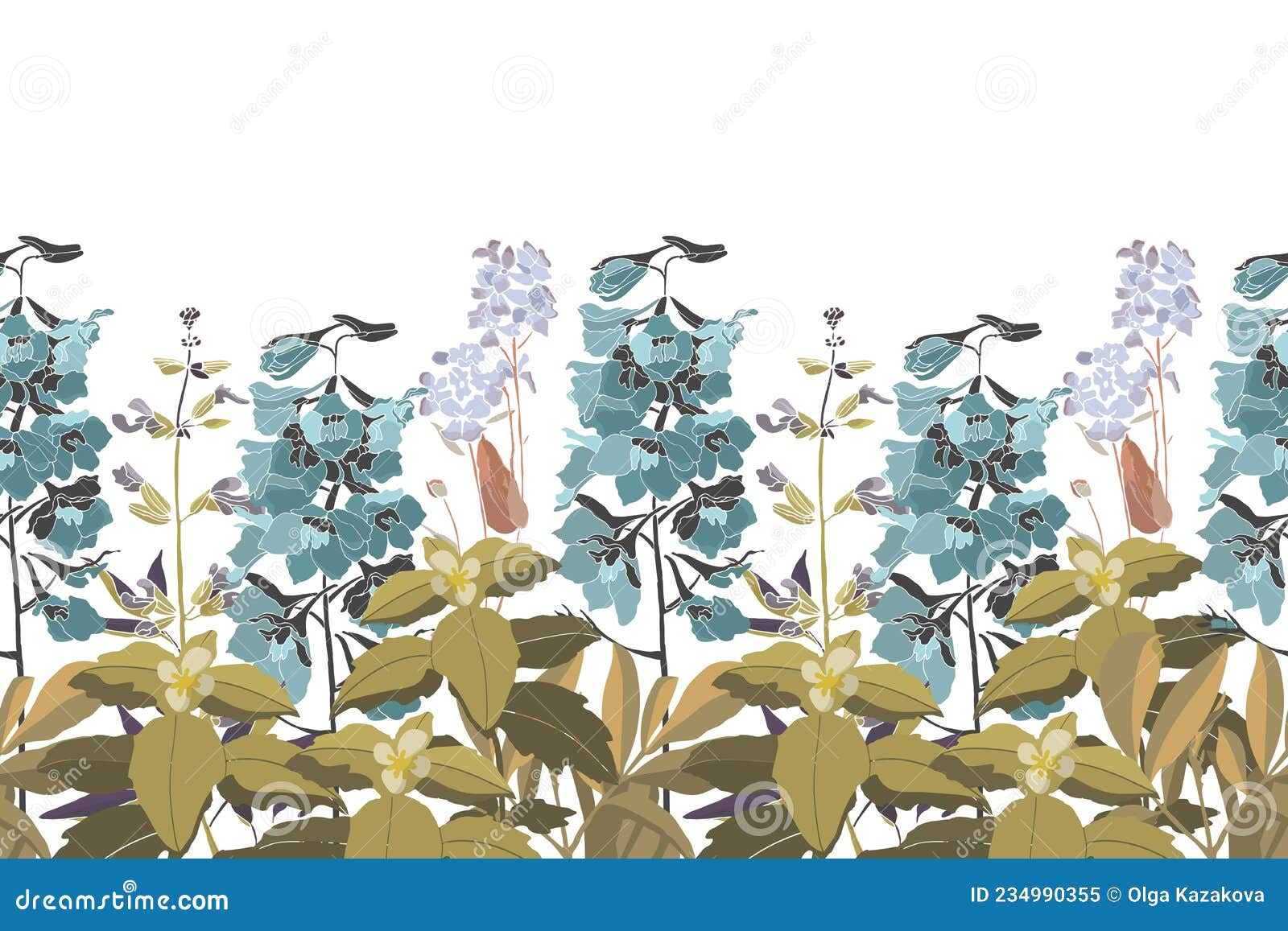 Vector Floral Seamless Pattern, Border. Blue-green Delphinium Flowers ...
