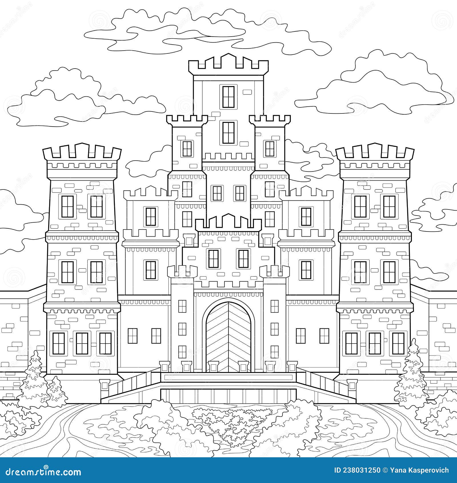 Big Stone Castle with Towers, Windows and Gates, Small Garden, Trees ...