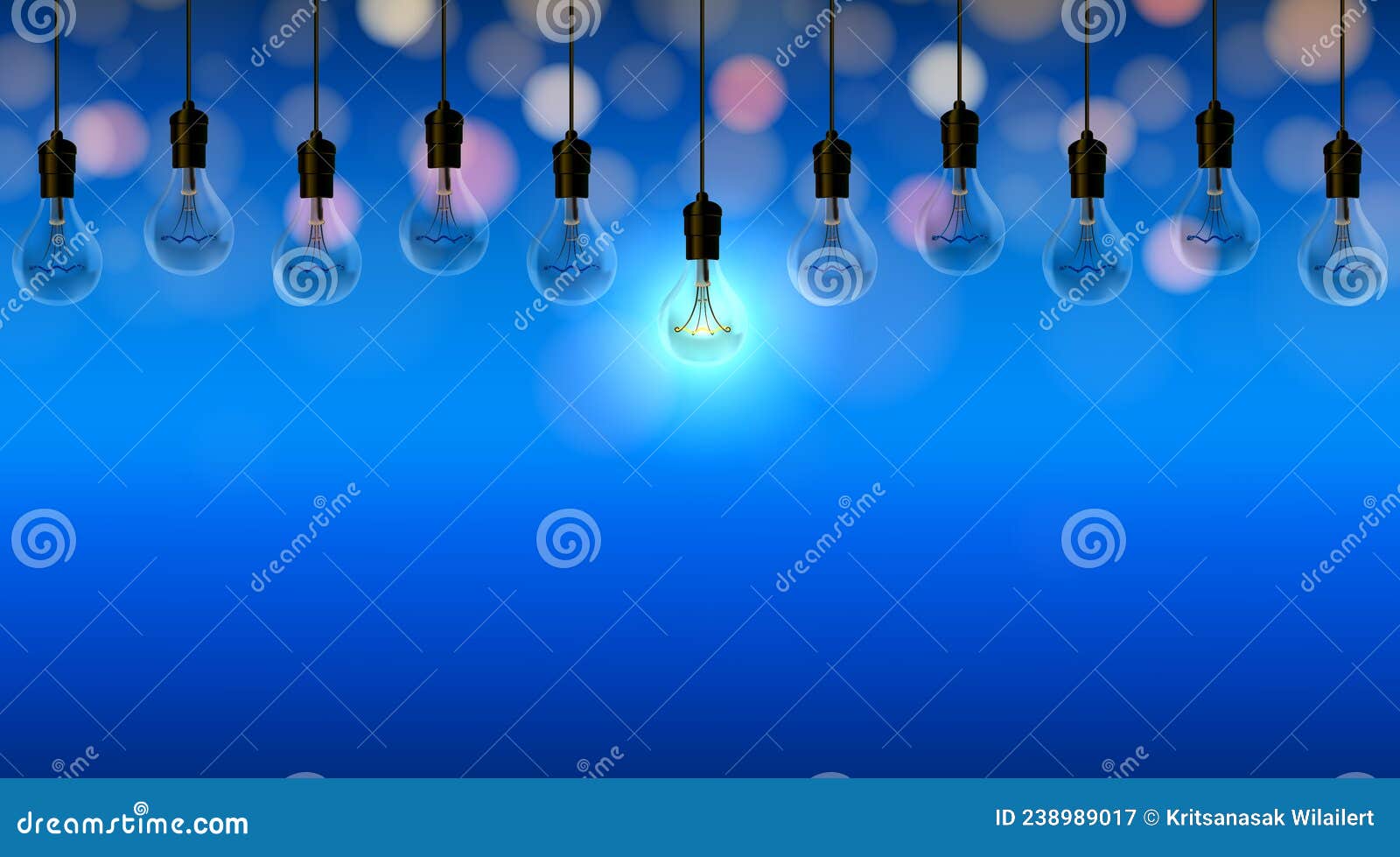 Multiple Light Bulbs the Center Light on Blue Background and Clors ...