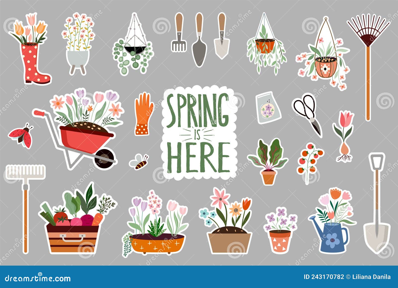 Spring Stickers Collection with Seasonal Elements, Gardening, Tools ...