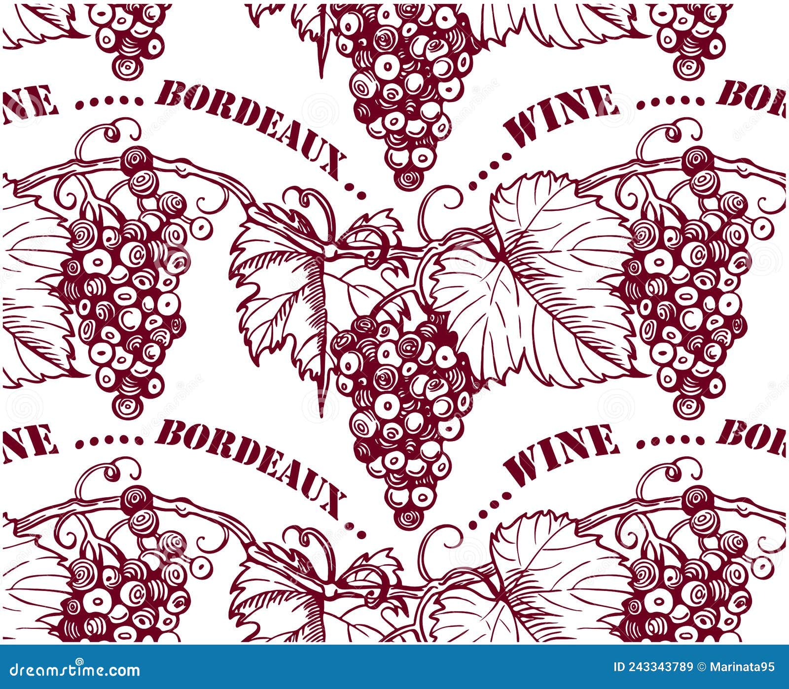 Sketch Drawing Pattern Bunch of Grapes with Leaves , Wine and Bordeaux ...