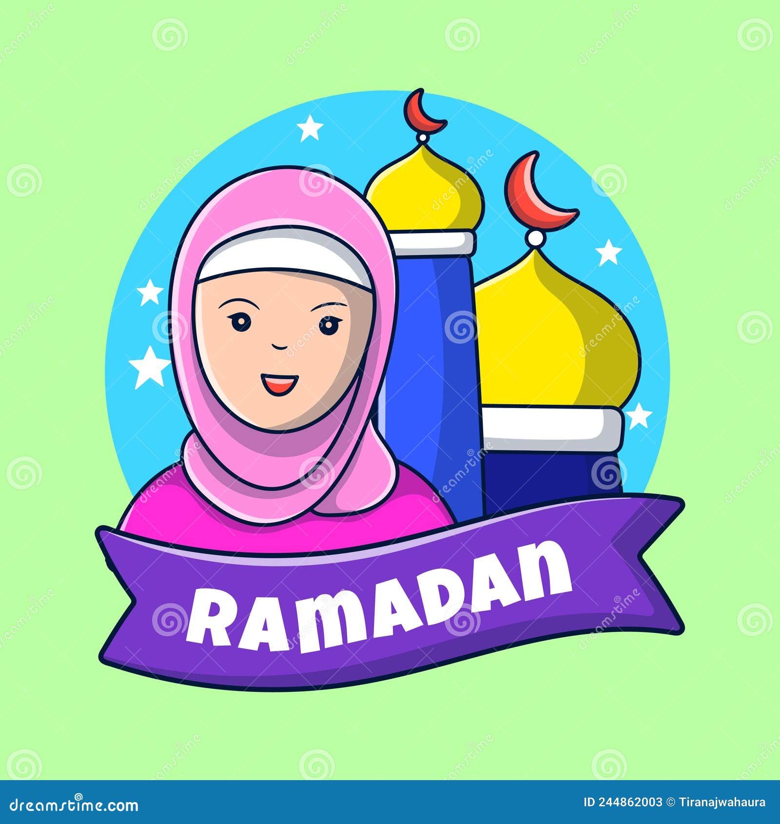 Cute Muslim Girl with Mosque Cartoon Illustration Stock Vector ...