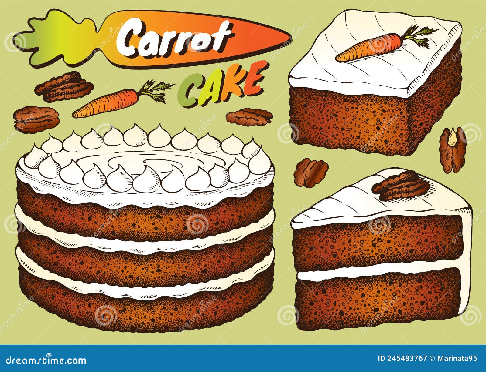Sketch Drawing Set of Colorful Carrot Cake with Whipped Cream. Stock ...