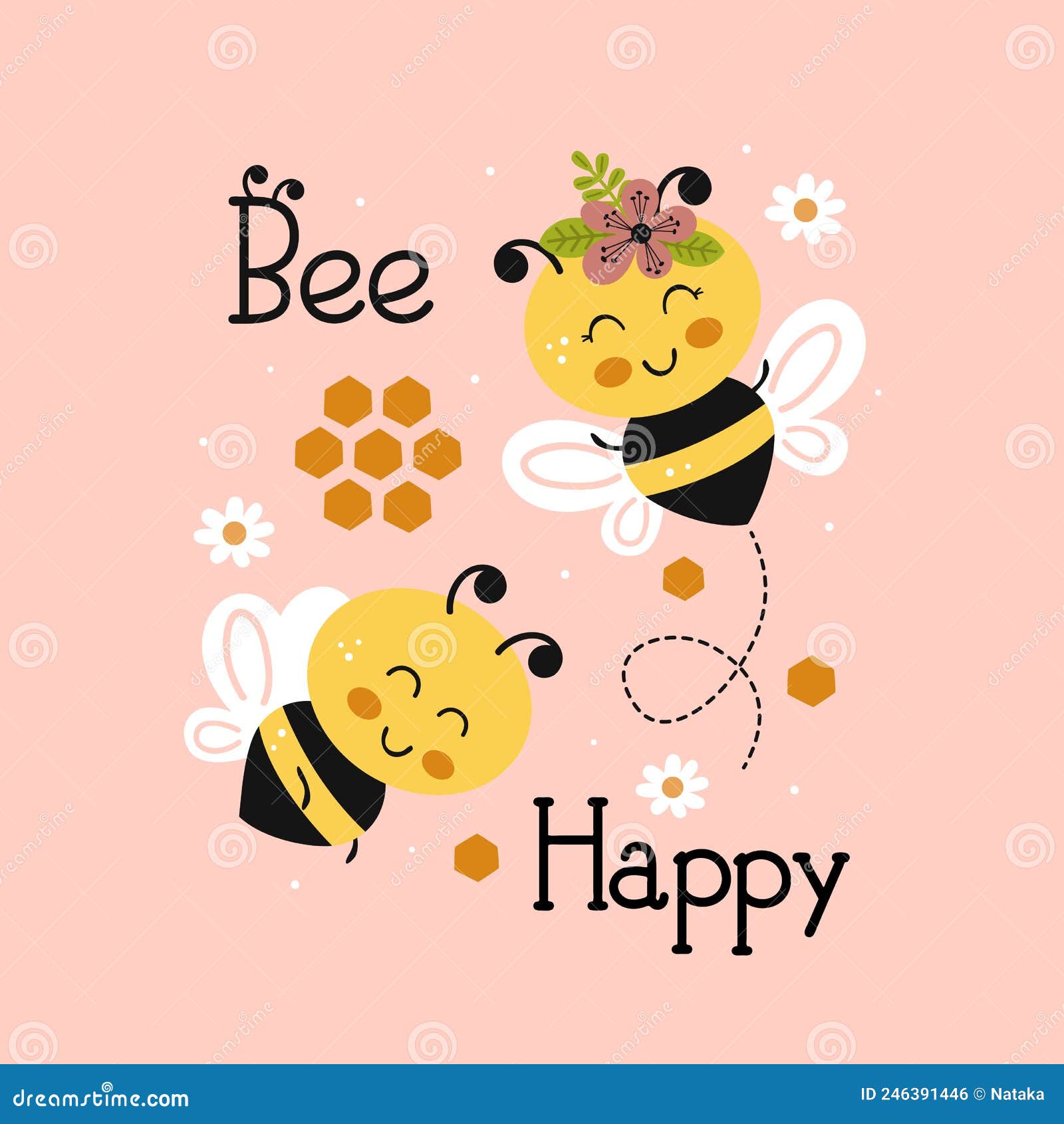 Poster with Cute Happy Bees Stock Vector - Illustration of flower ...