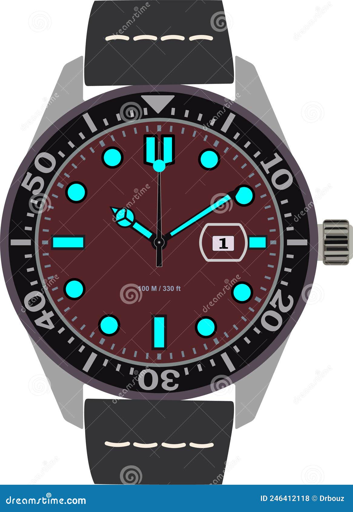 Vector Illustration Metal Wristwatch with Leather Strap Stock ...