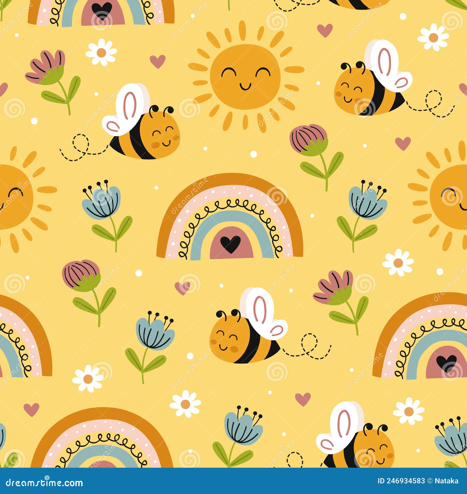 Seamless Pattern with Cute Happy Bee and Rainbow Stock Vector ...