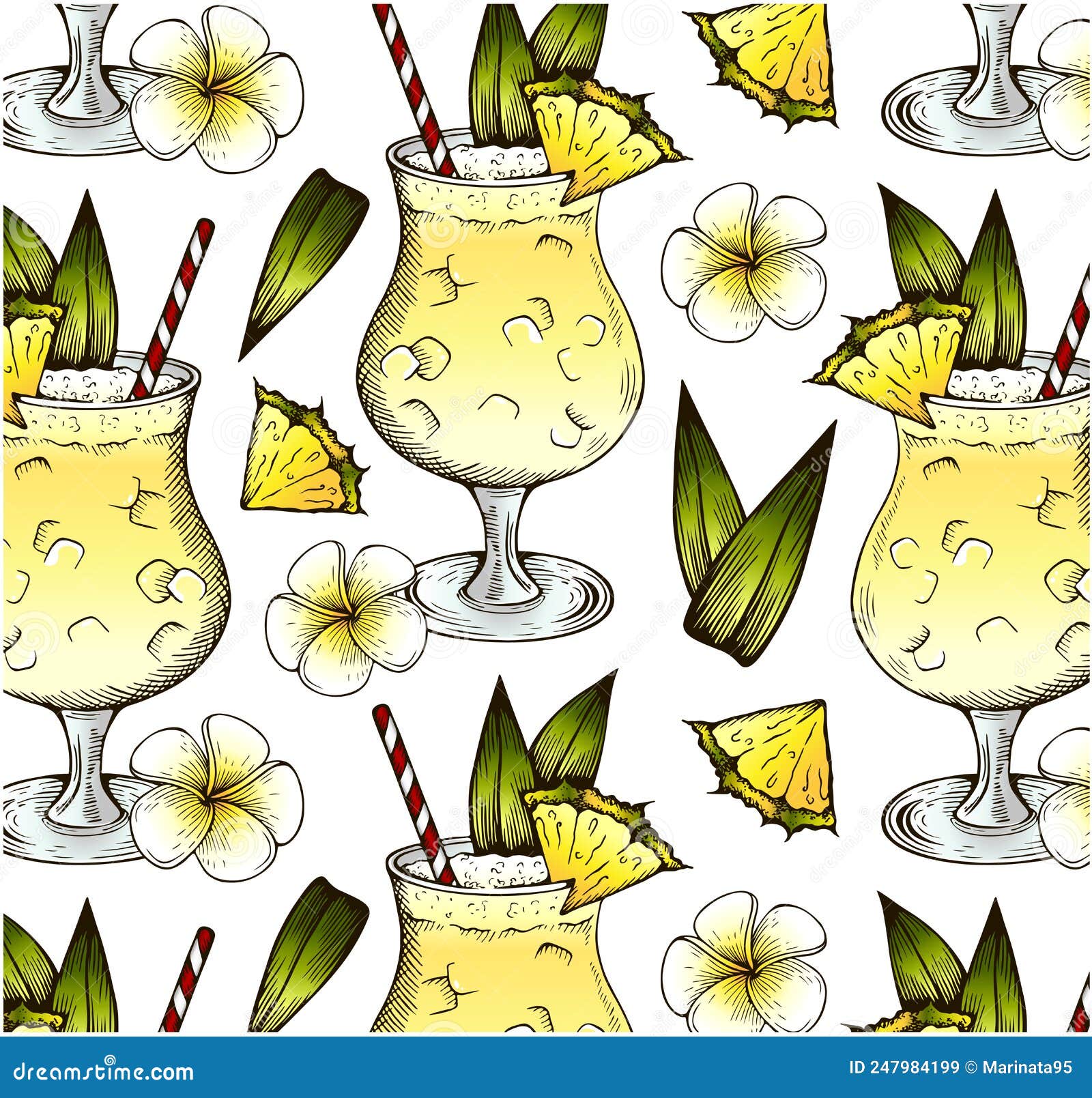 Sketch Drawing Pattern of Pina Colada Cocktail on White Background ...
