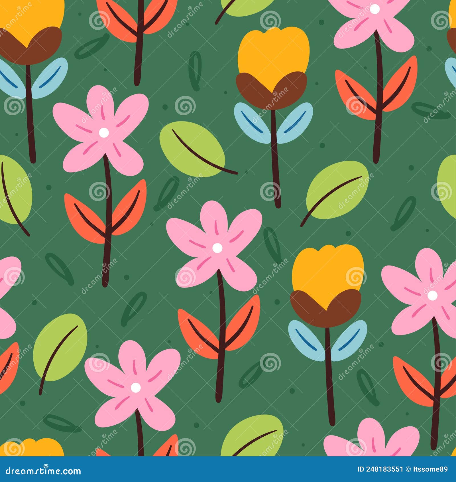Seamless Pattern Cartoon Flower and Leaves. Cute Botanical Wallpaper ...