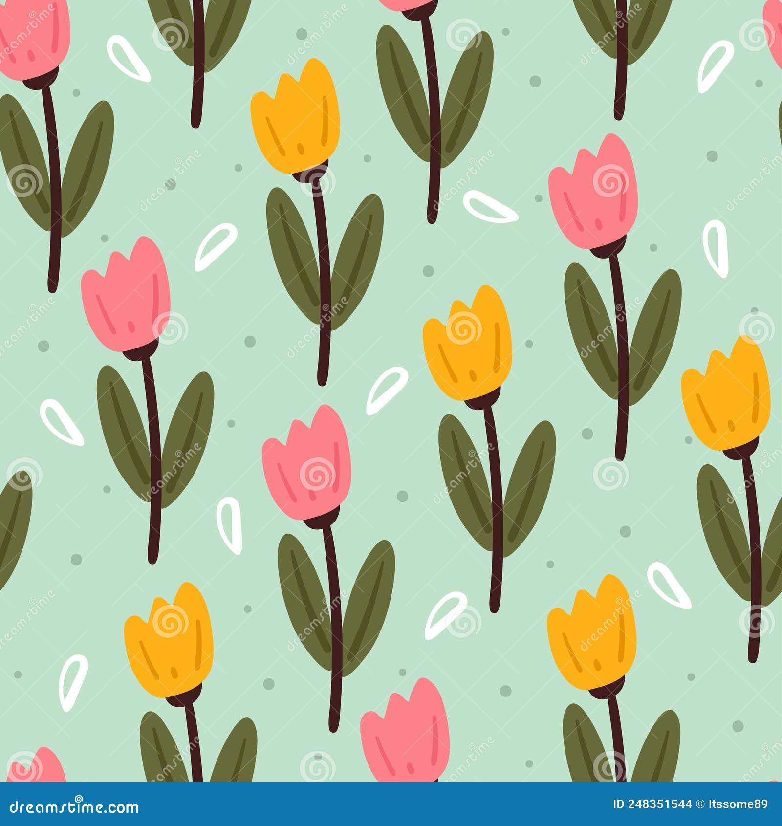 Seamless Pattern Cartoon Flower and Leaves. Plant Wallpaper Stock ...