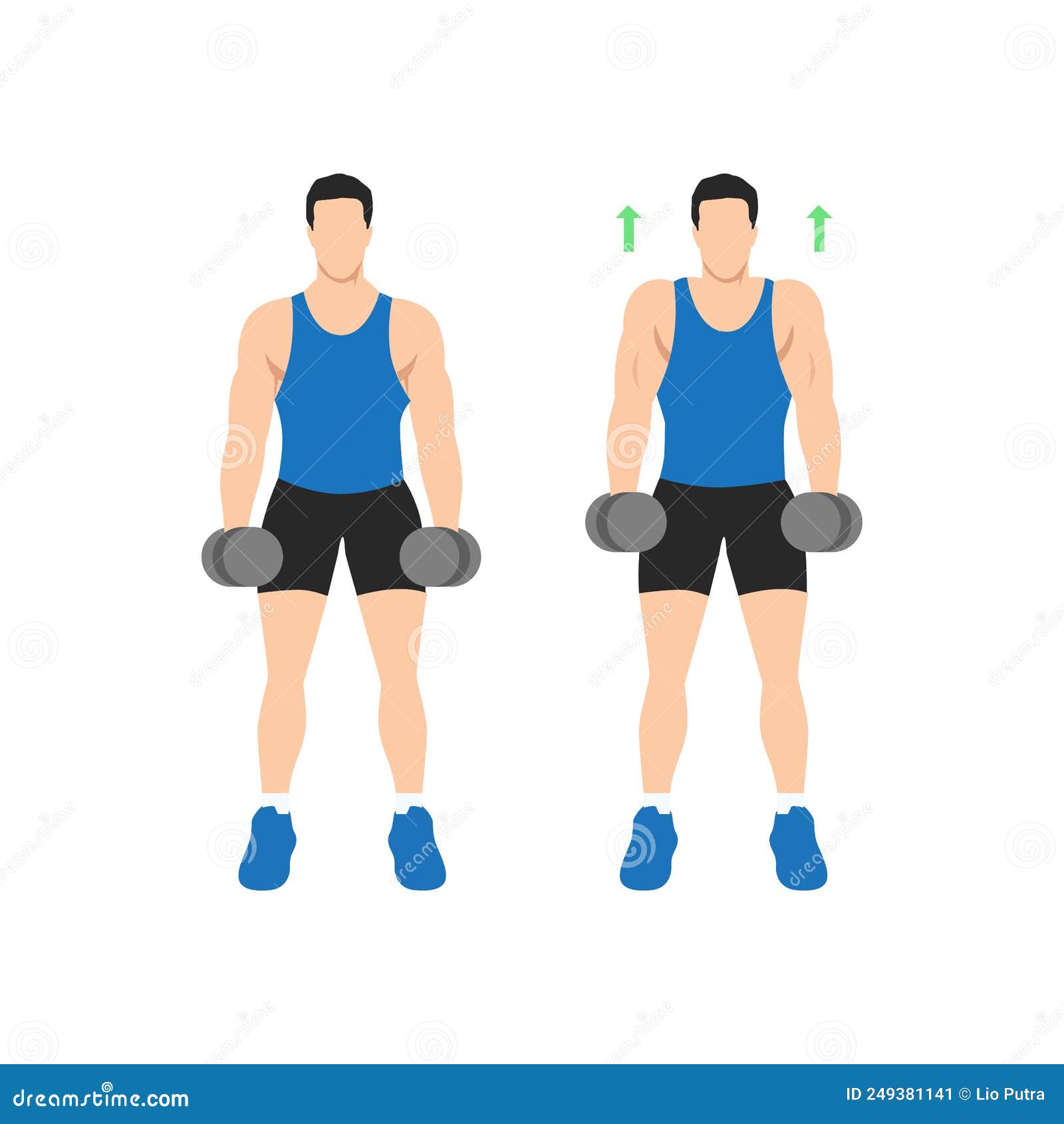 Man Doing Dumbbell Shrugs Front View Exercise. Cartoon Vector ...