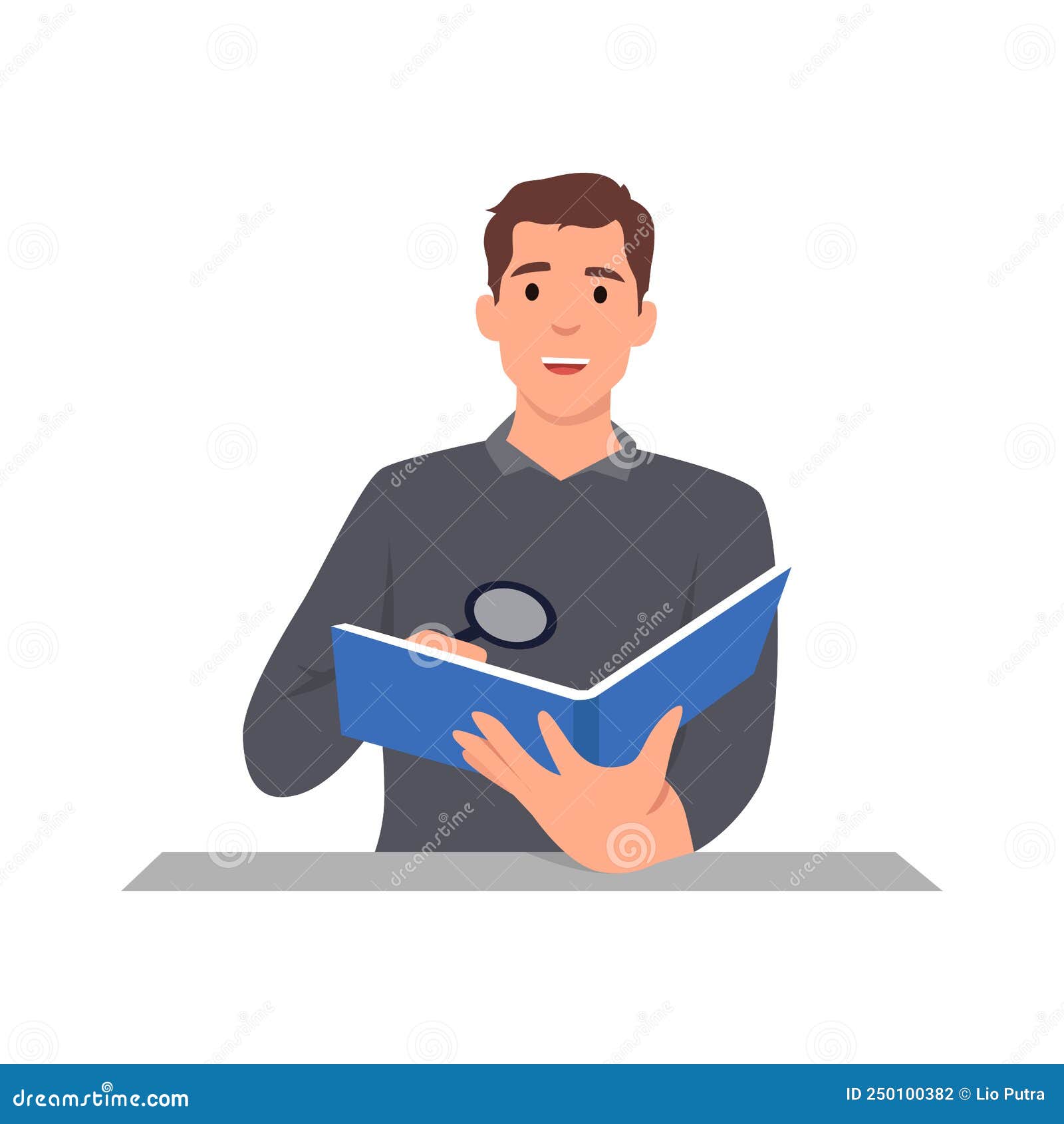 Young Man Reading a Interesting Book with Magnifying Glass Cartoon ...