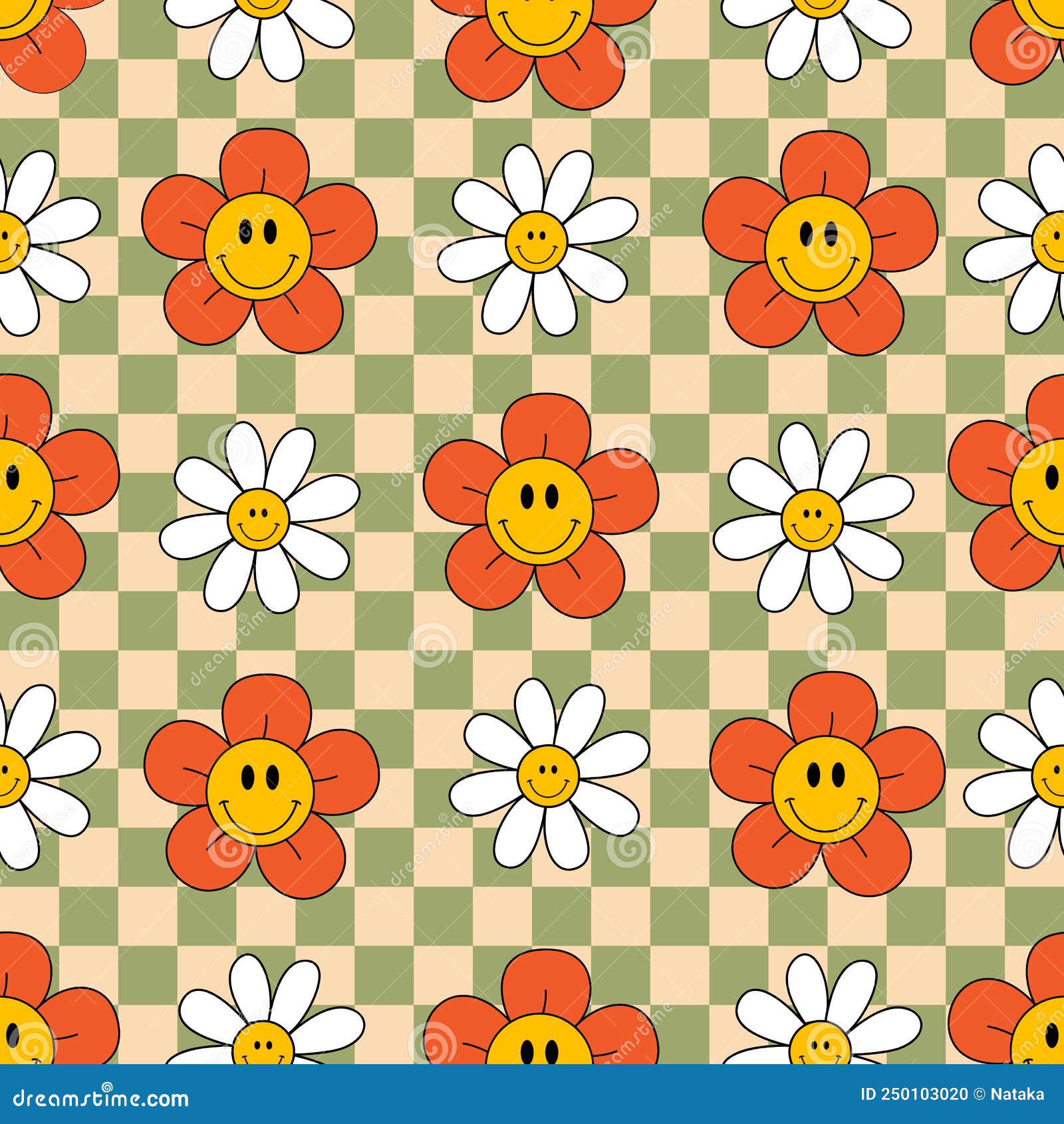 Retro Seamless Pattern with Fun Flowers Editorial Image - Illustration ...