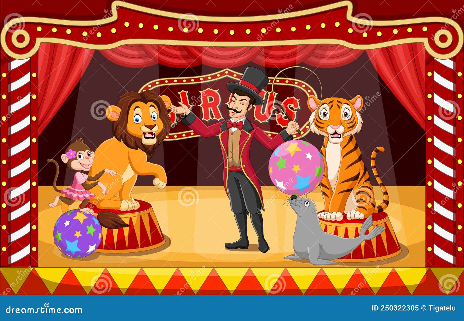Cartoon Circus Performers with Animals and Tamer on Circus Arena Stock ...