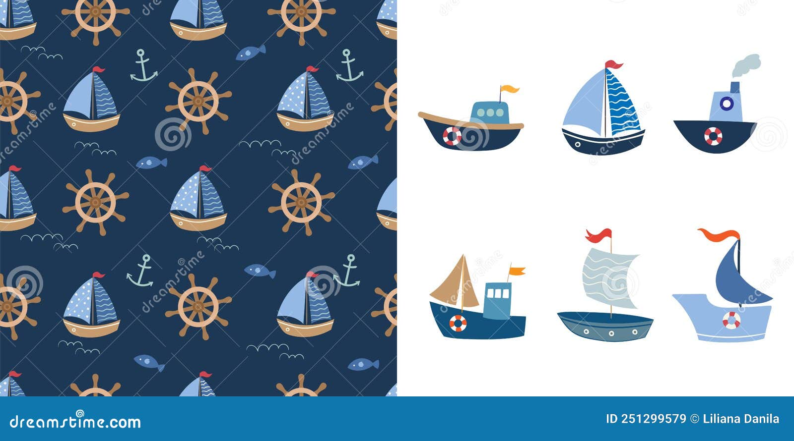 Nautical Summer Set with Seamless Pattern, Wallpaper and Boats Set ...