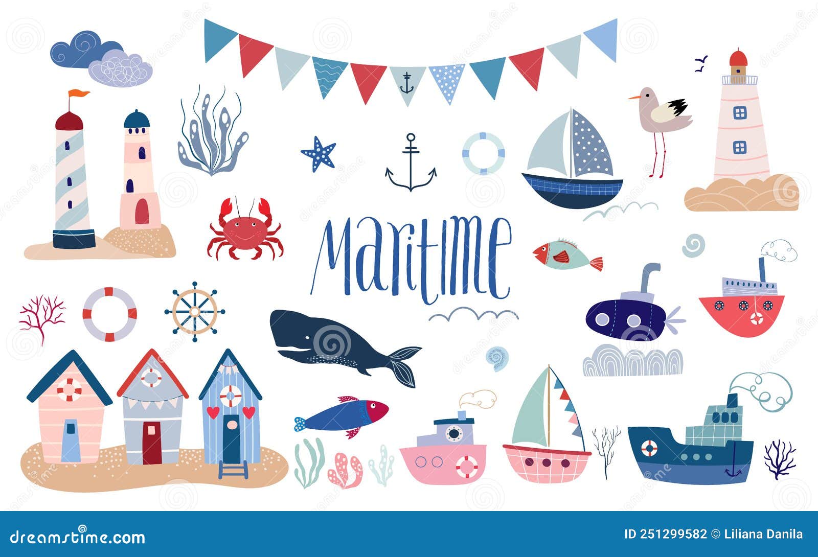 Maritime Elements Collection, Summer Vibe, Doodle Style Stock Vector ...