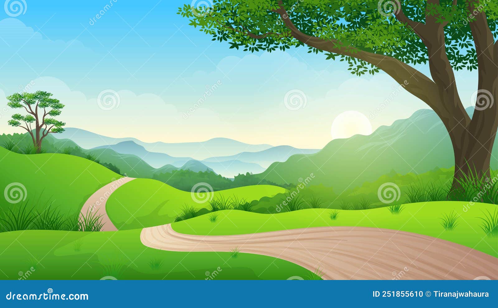 A Pathway Going Through Lush Green Outfield With Trees And Hills ...