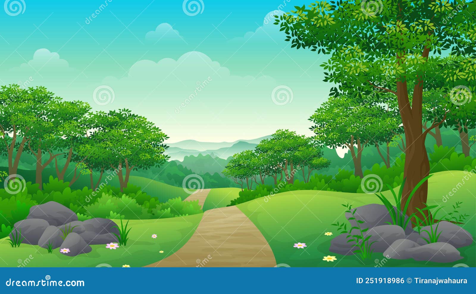 Beautiful Rural Landscape Background With Flower Field Cartoon Vector ...
