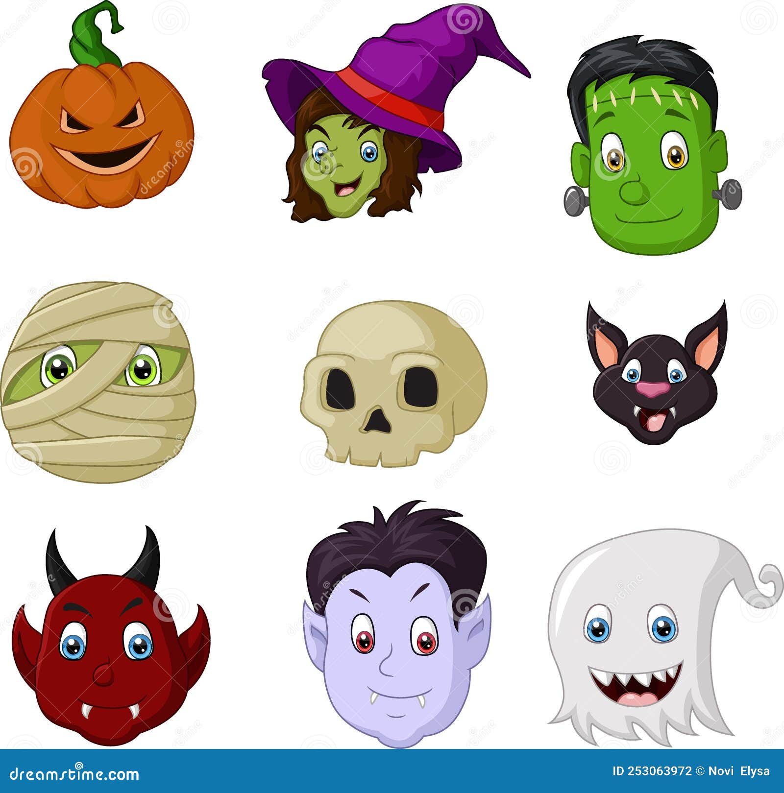 Cartoon Halloween Creature Head Collection Stock Vector - Illustration ...