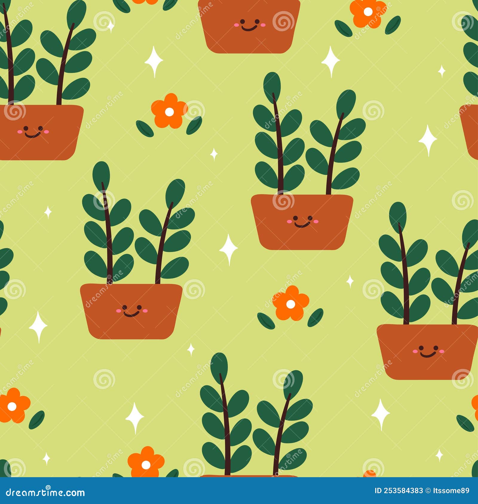 Seamless Pattern Cartoon Plant and Flower Character. Cute Botanical ...