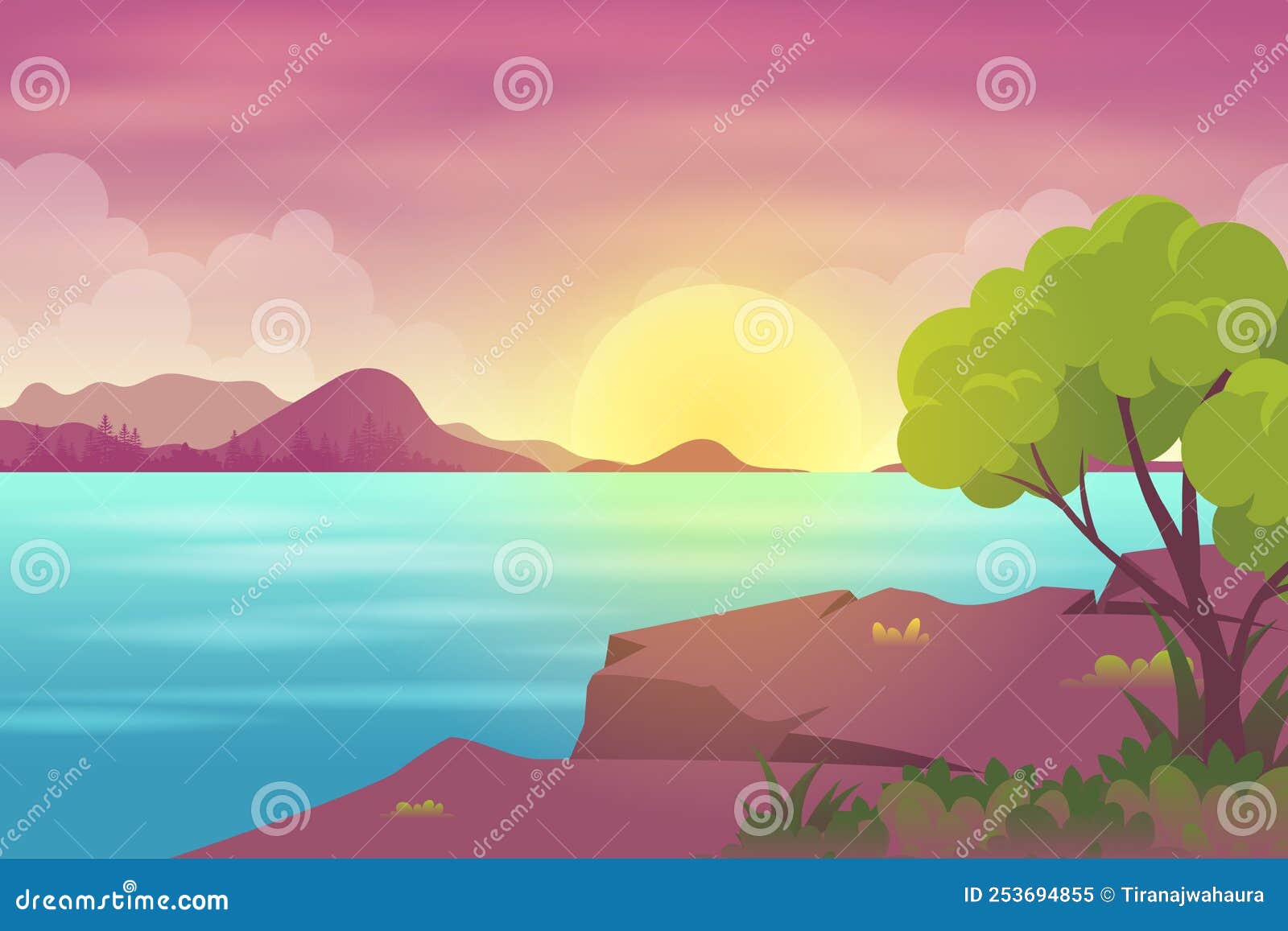 Sunset Beach Landscape with Hill Cartoon Illustration Stock Vector ...