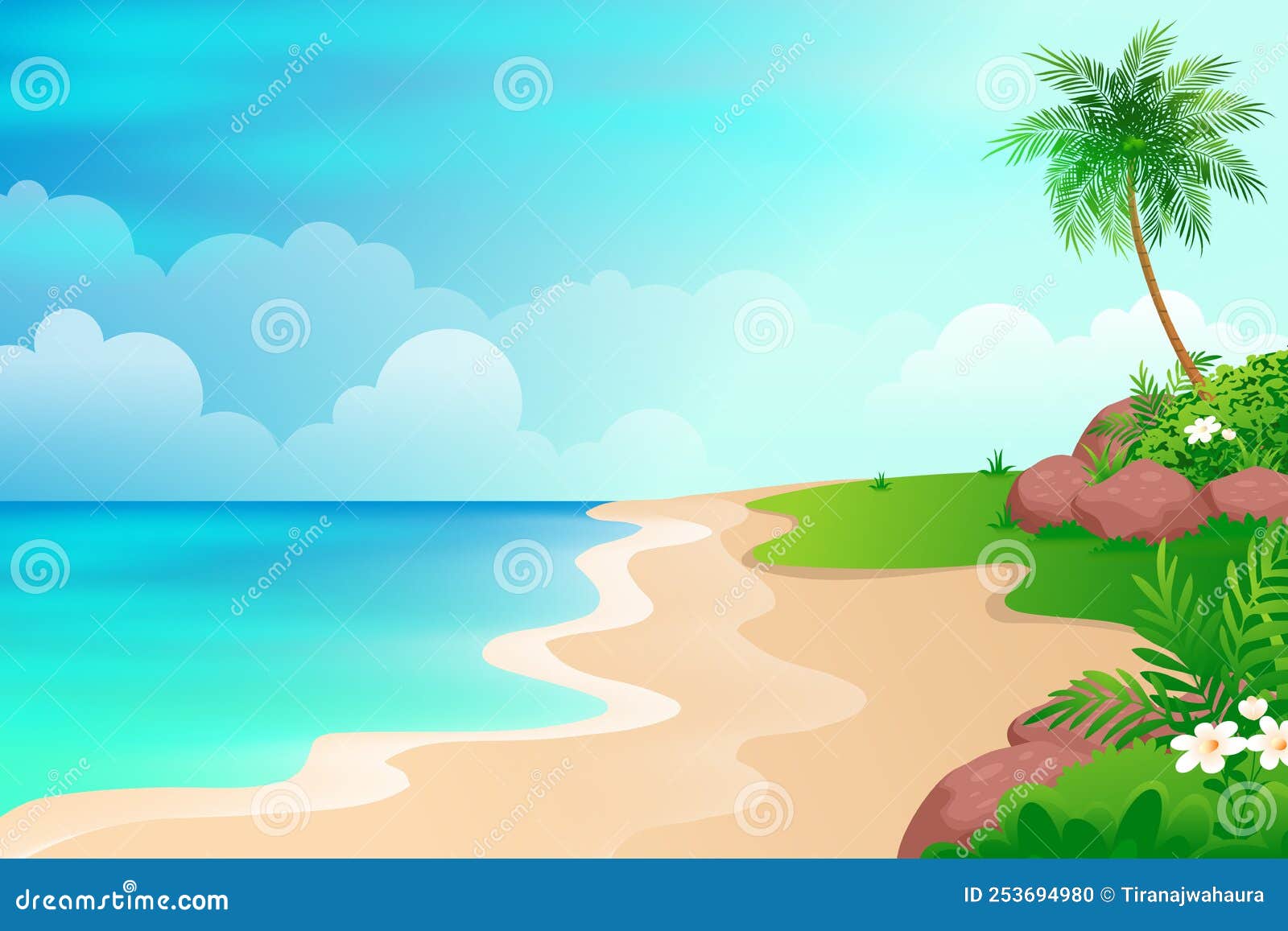 Tropical Seascape of Blue Ocean and Palm Tree Cartoon Illustration ...