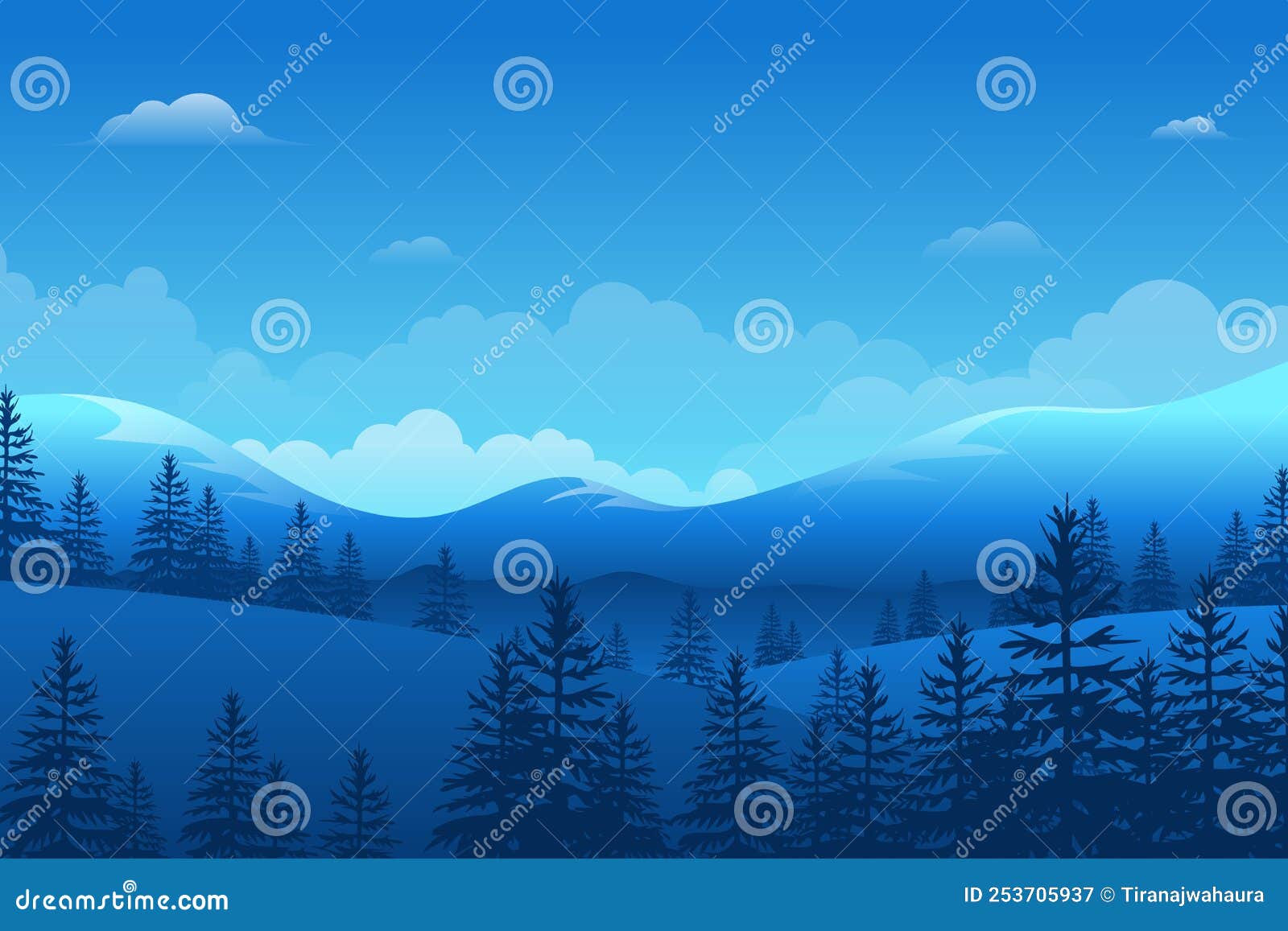 Blue Night Winter Mountains Landscape with Pine Forest and Mountain ...