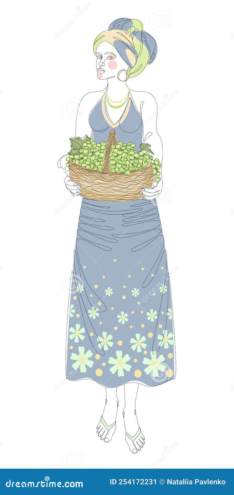 The Lady is Holding a Basket with Grapes. Vector Illustration. Stock ...