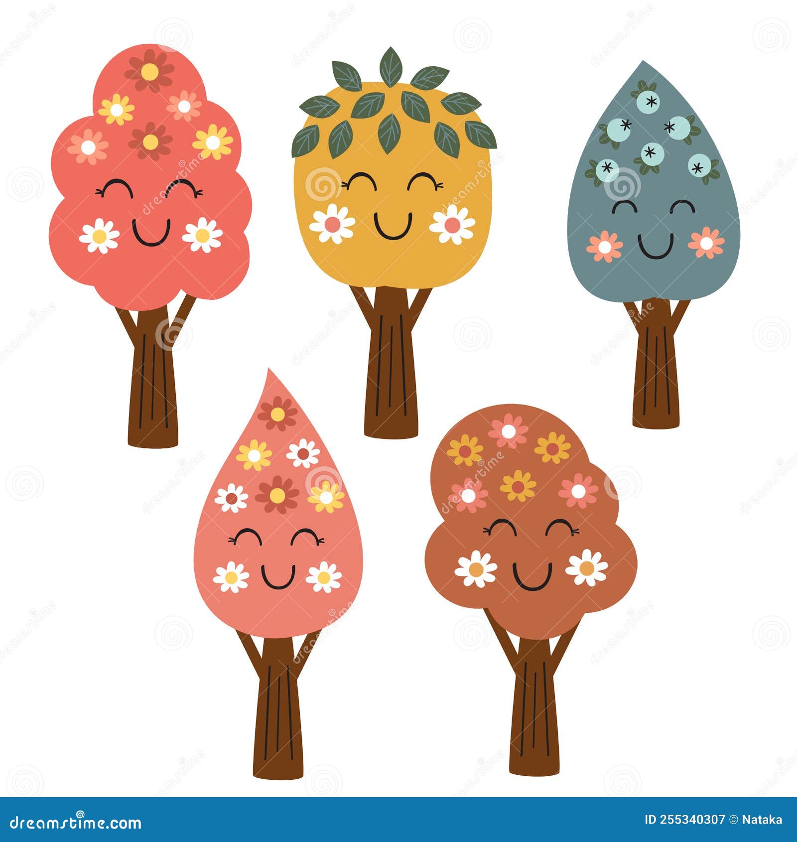 Cute Trees In Cartoon Style Collection. Forest Isolated Elements Set ...