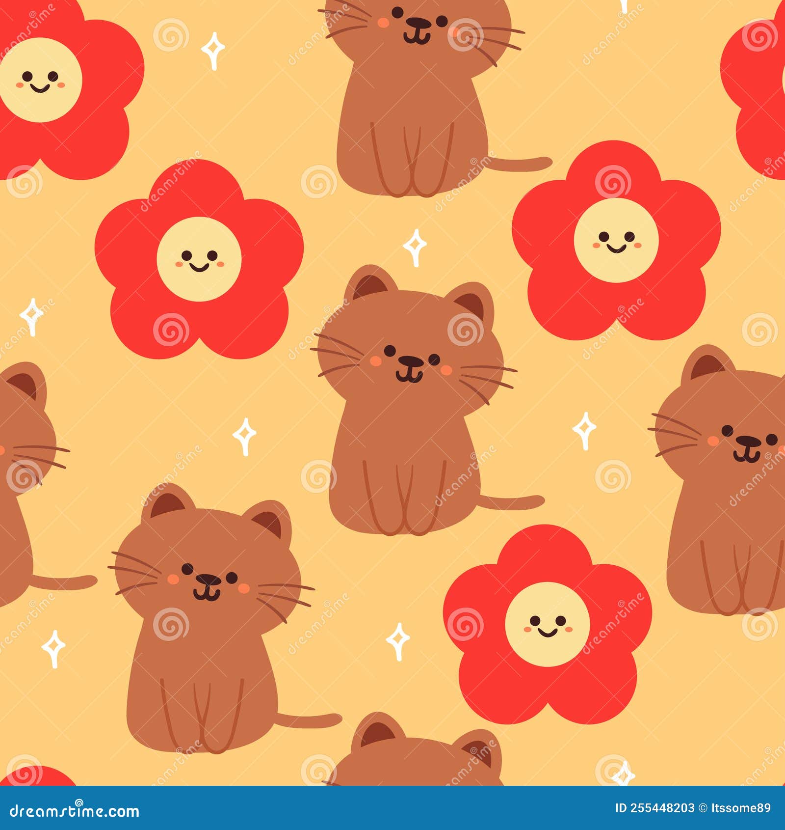 Seamless Pattern Cute Cartoon Cat with Flower. Cute Animal Wallpaper ...