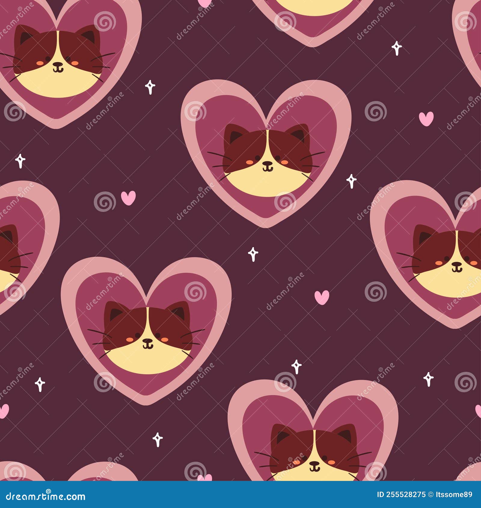 Seamless Pattern Cartoon Cat with Purple Heart. Cute Animal Wallpaper ...