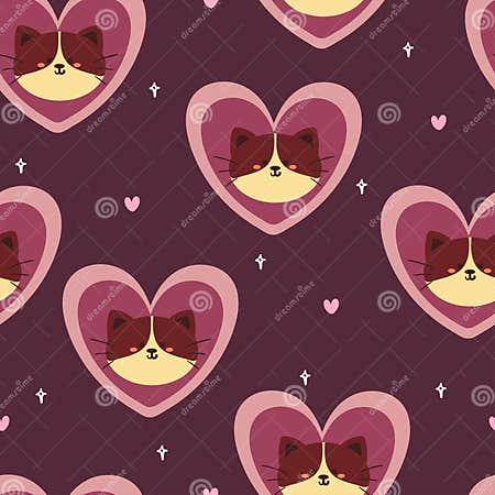 Seamless Pattern Cartoon Cat with Purple Heart. Cute Animal Wallpaper ...
