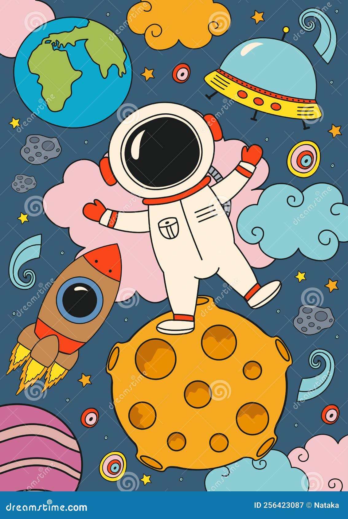 Poster with Cute Astronaut on the Moon in Space Stock Vector ...