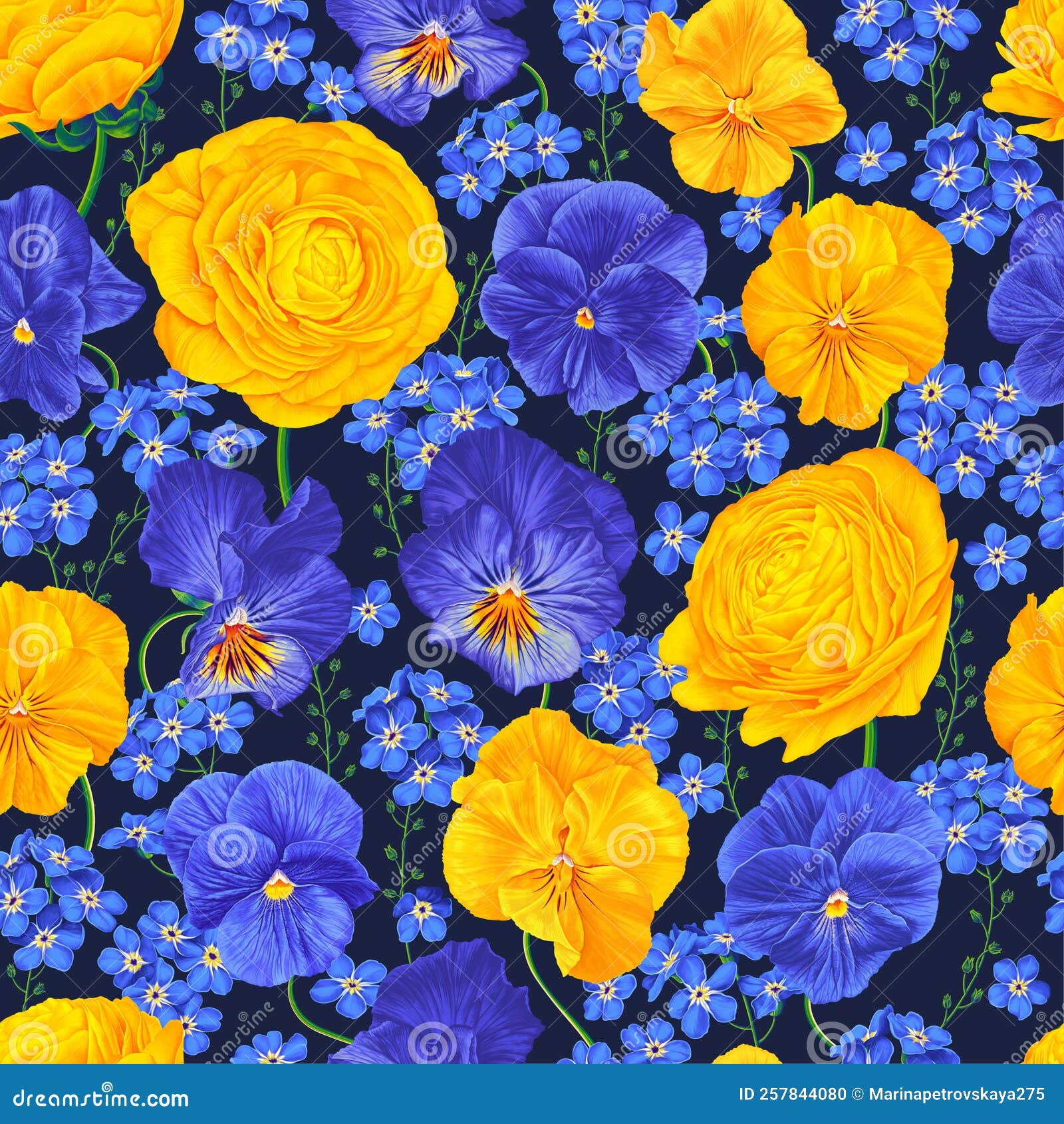 Seamless Pattern with Buttercups Ranunculus, Pansies Viola and Forget ...