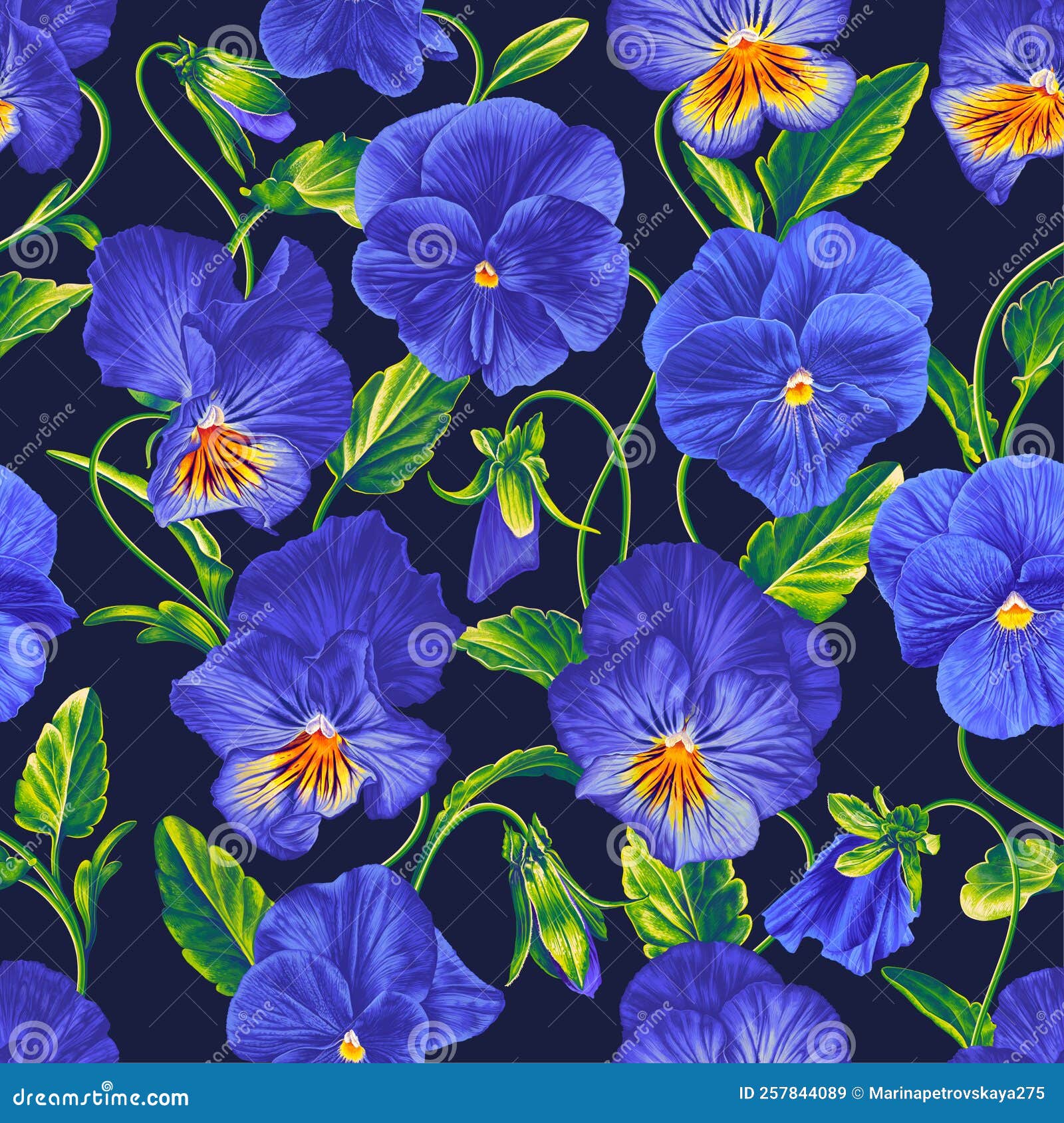 Seamless Vector Pattern with Pansies, Blue and Yellow Violas, Realistic ...