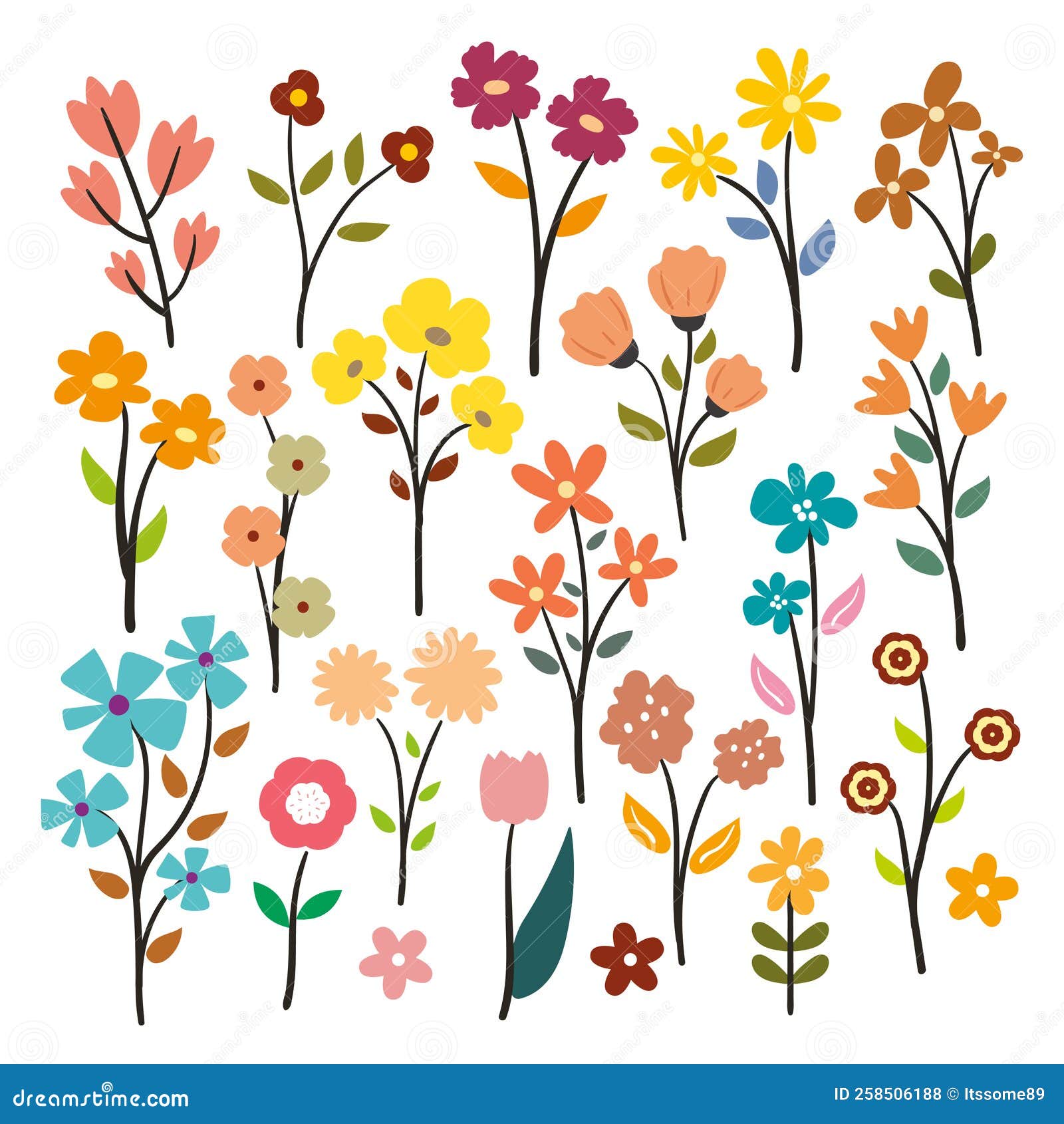 Hand Drawing Cartoon Flower Sticker Set Stock Vector - Illustration of ...